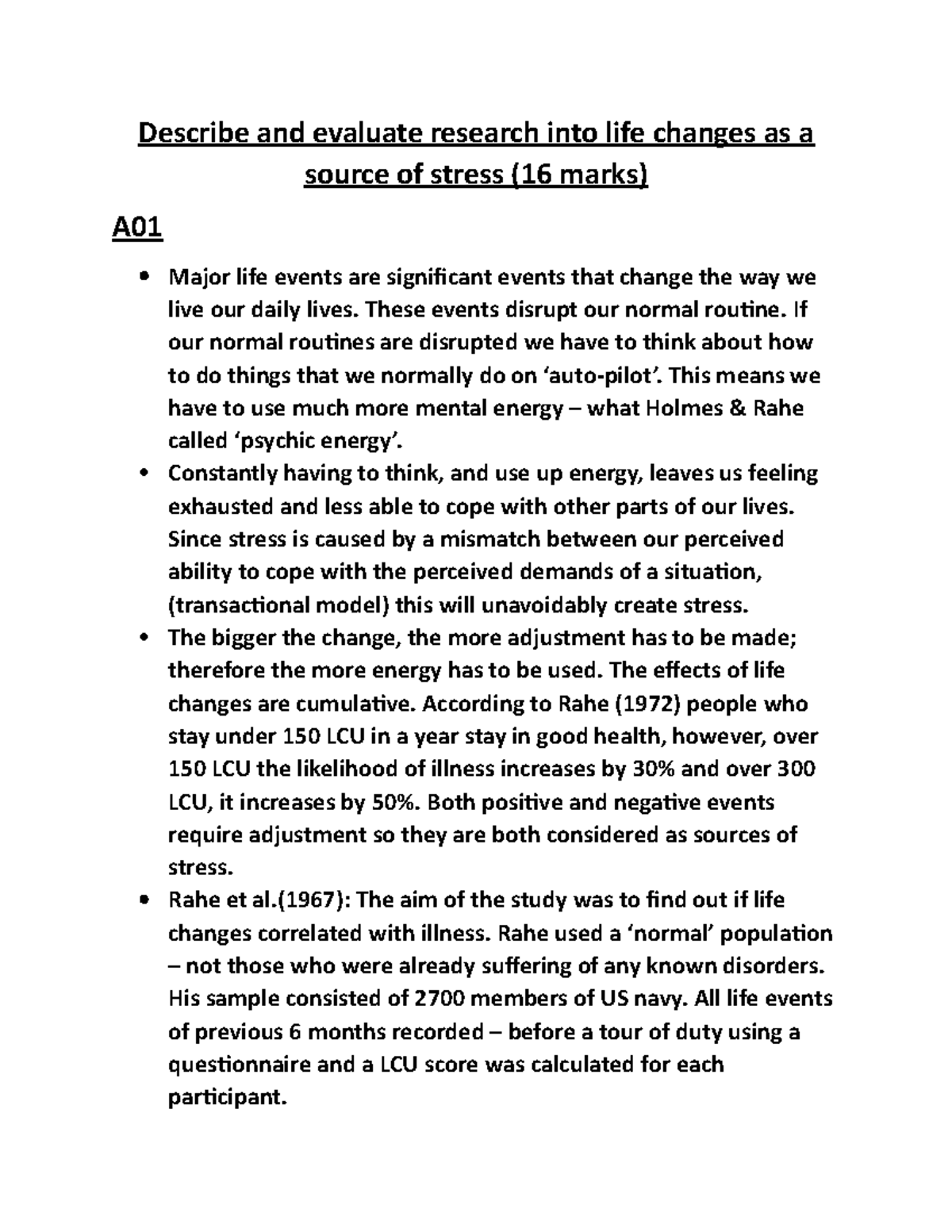 Life Changes as a Source of Stress: Essay Plan (16 Marker) - Studocu