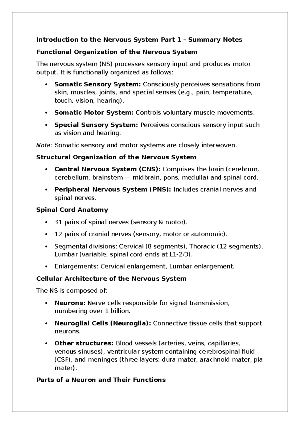 Introduction to the Nervous System (NS) Part 1 Summary Notes - Studocu