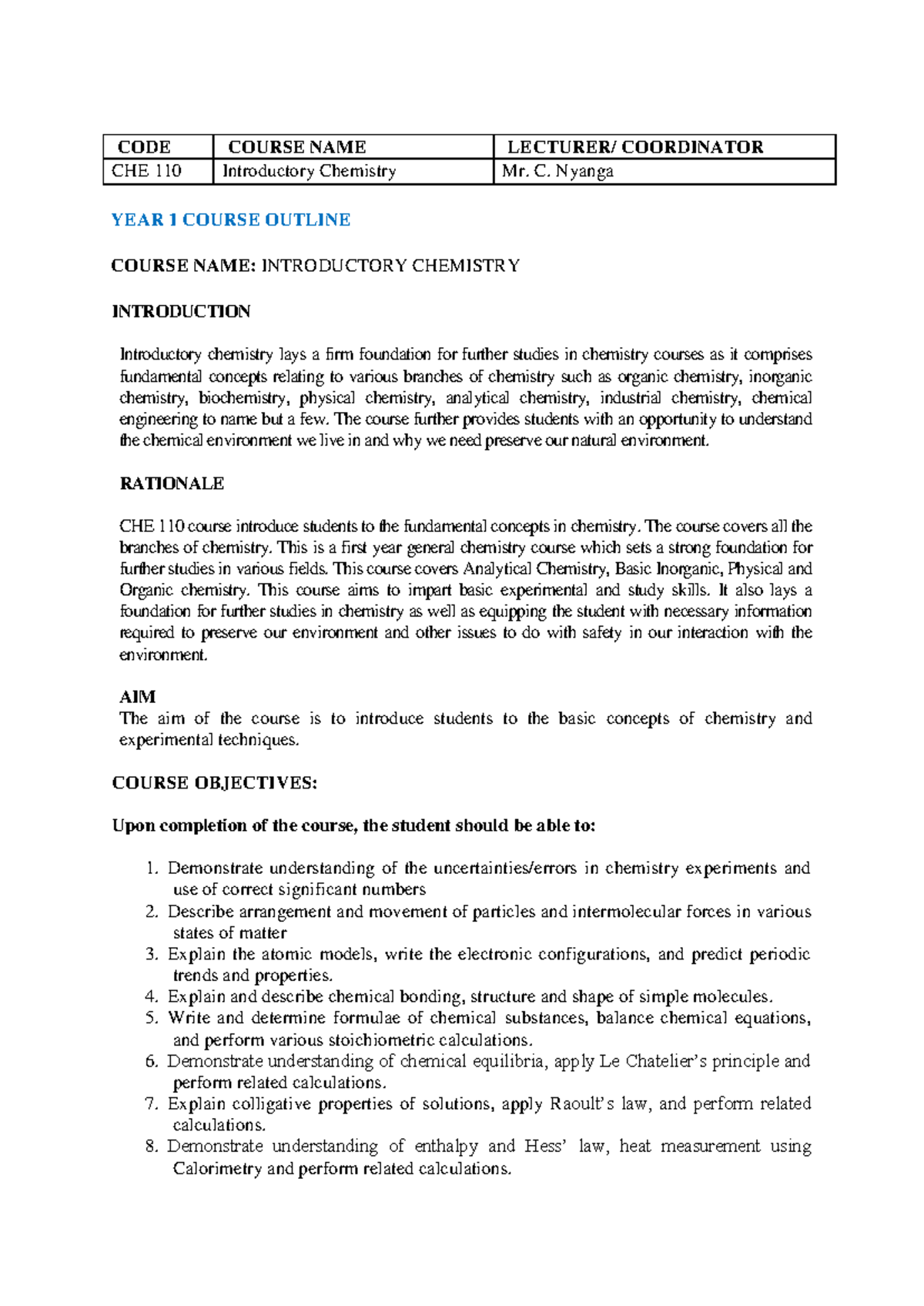 Course Outline CHE110 Proposed WORK Schedule 2 - CODE COURSE NAME ...