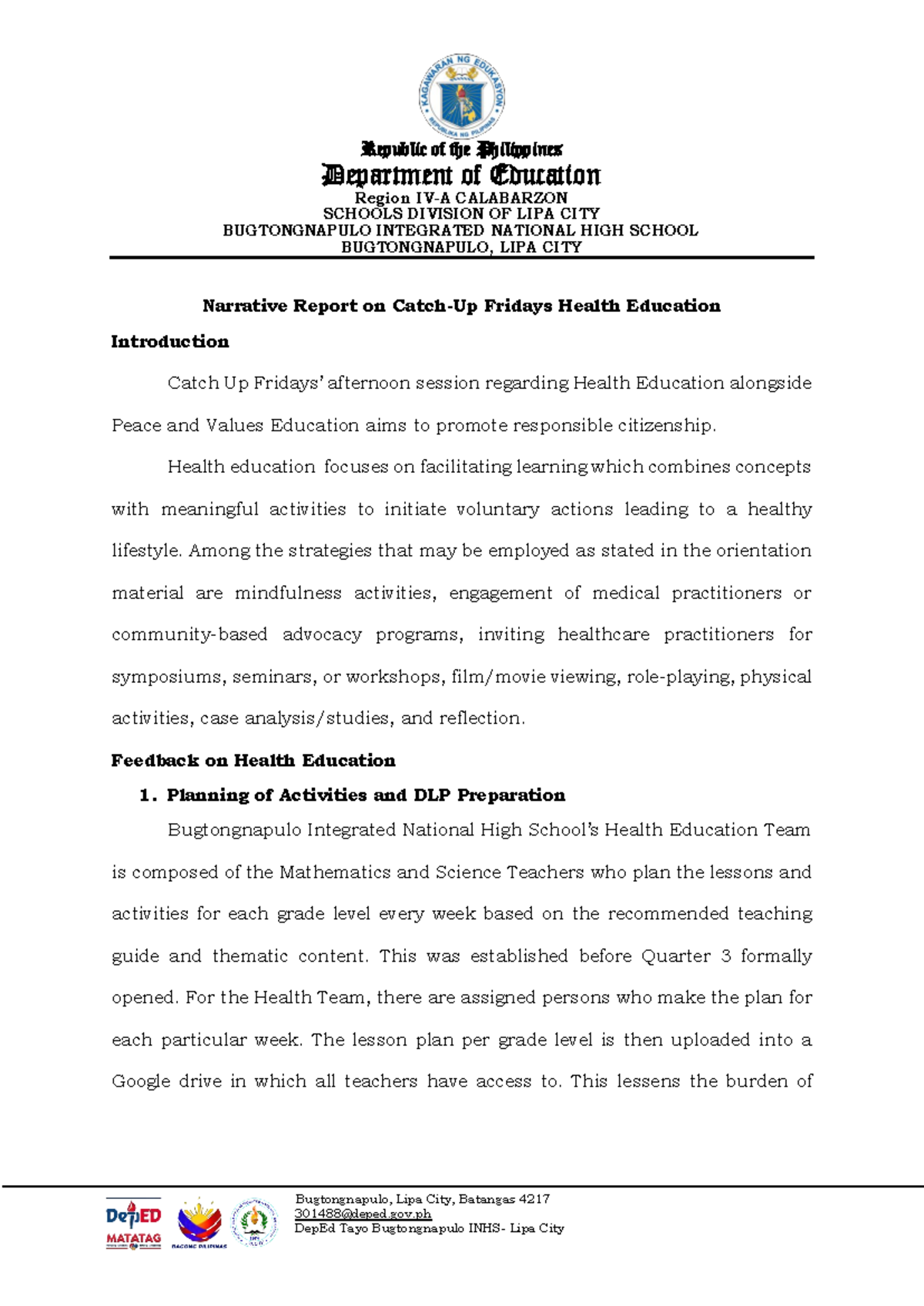 Narrative Report on Health Education Activities for Catch-Up Fridays ...