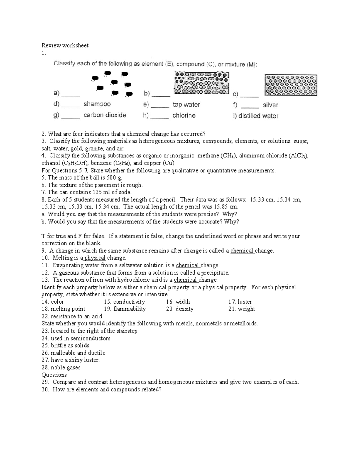 Chemical Change Review Worksheet: Concepts & Classifications - Studocu