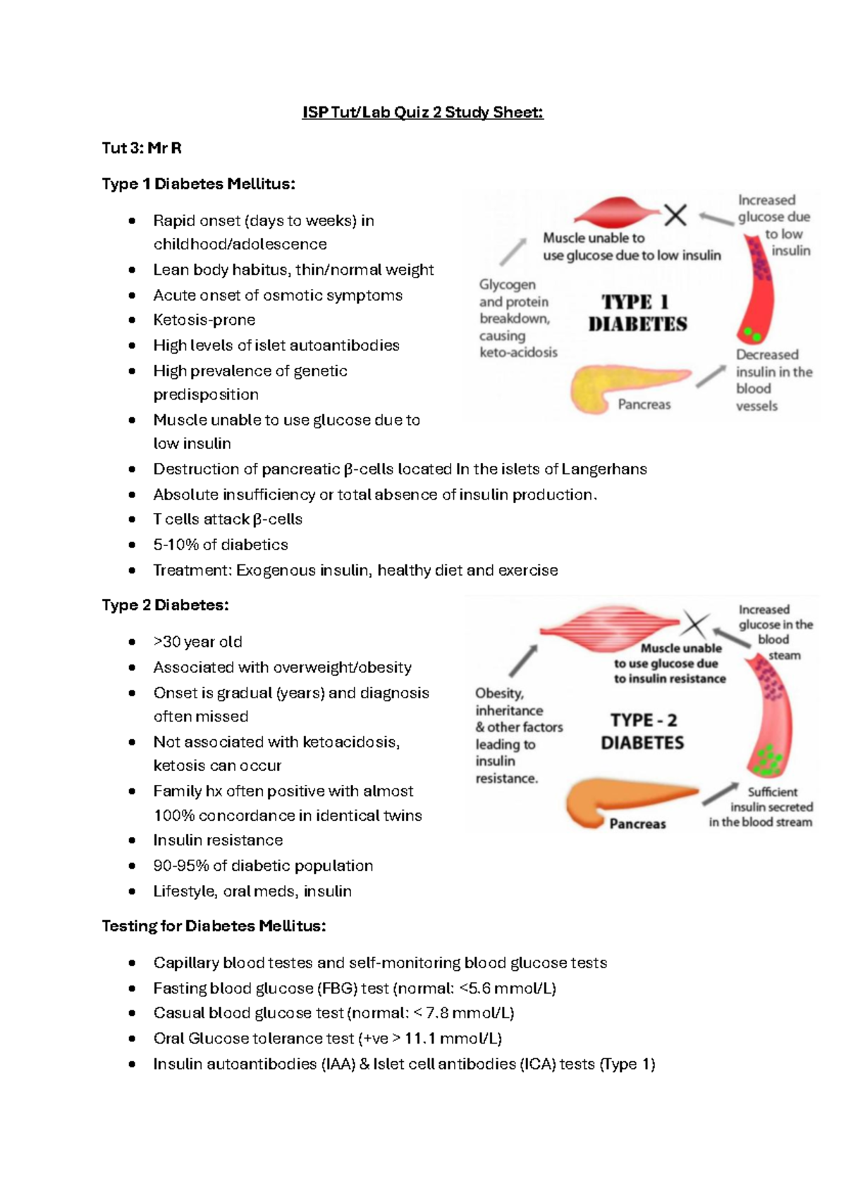 Lab Quiz 2 Study Sheet: Diabetes Mellitus and Metabolic Assessment ...