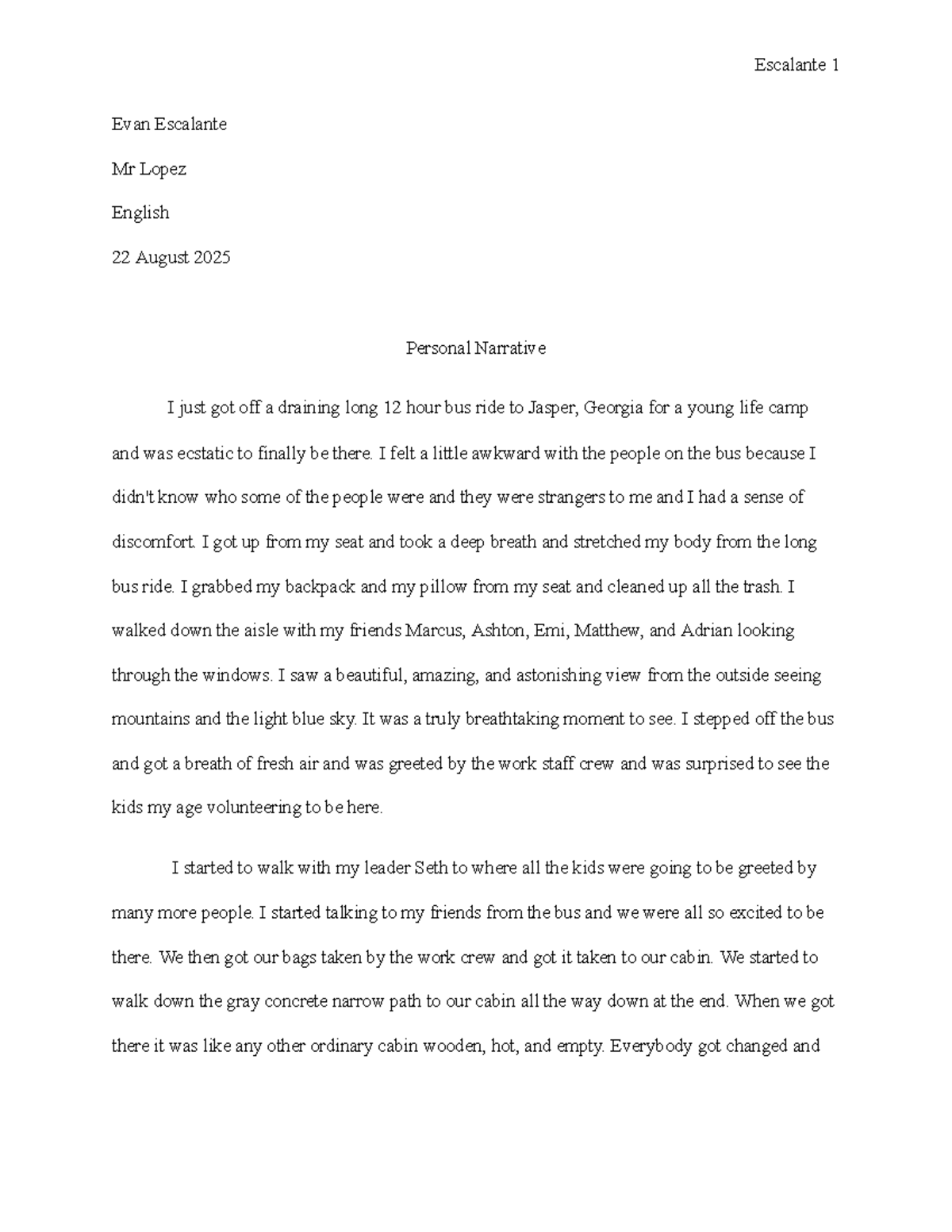 English 22 Personal Narrative: My Journey to Young Life Camp - Studocu