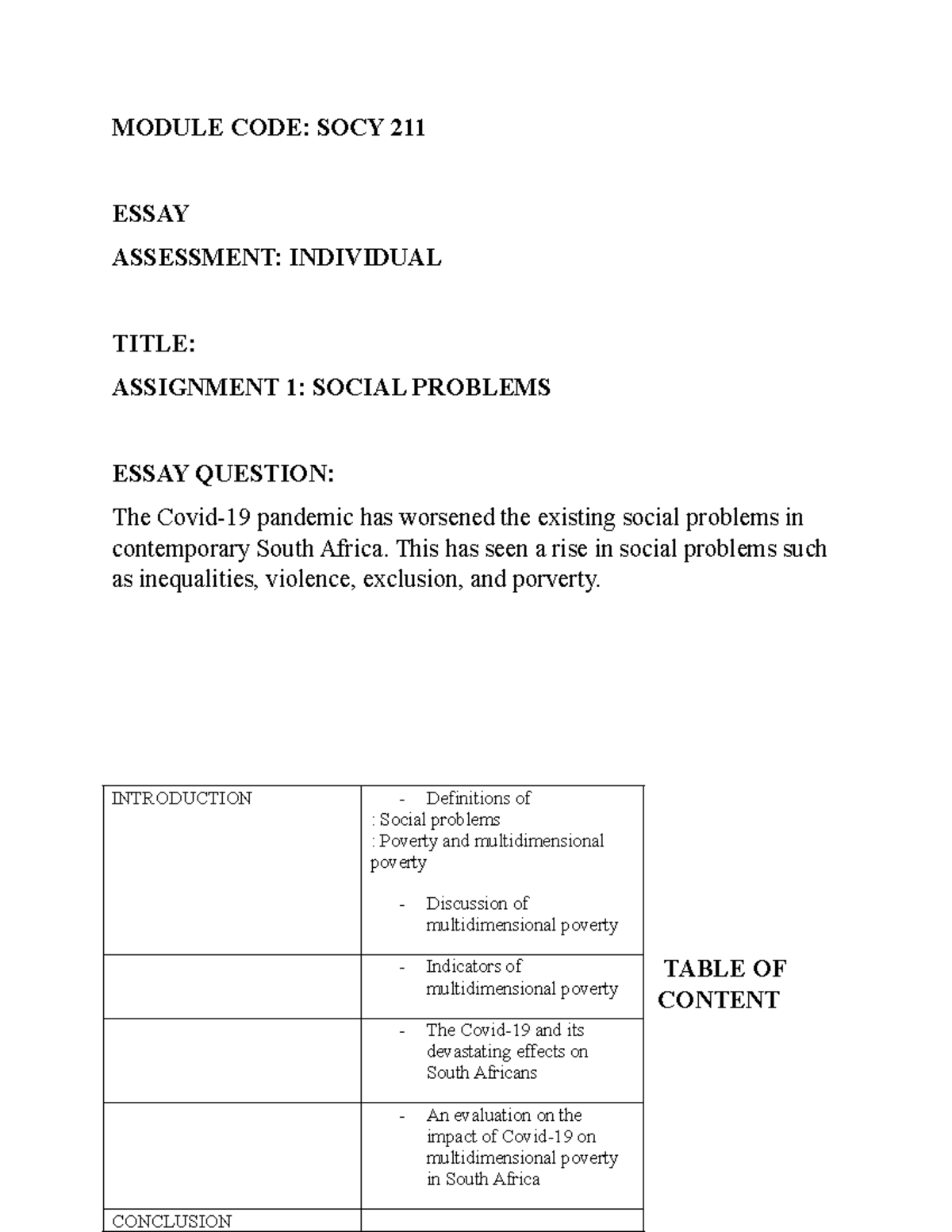 SOCY 211 Essay: Impact of COVID-19 on Social Problems in South Africa ...