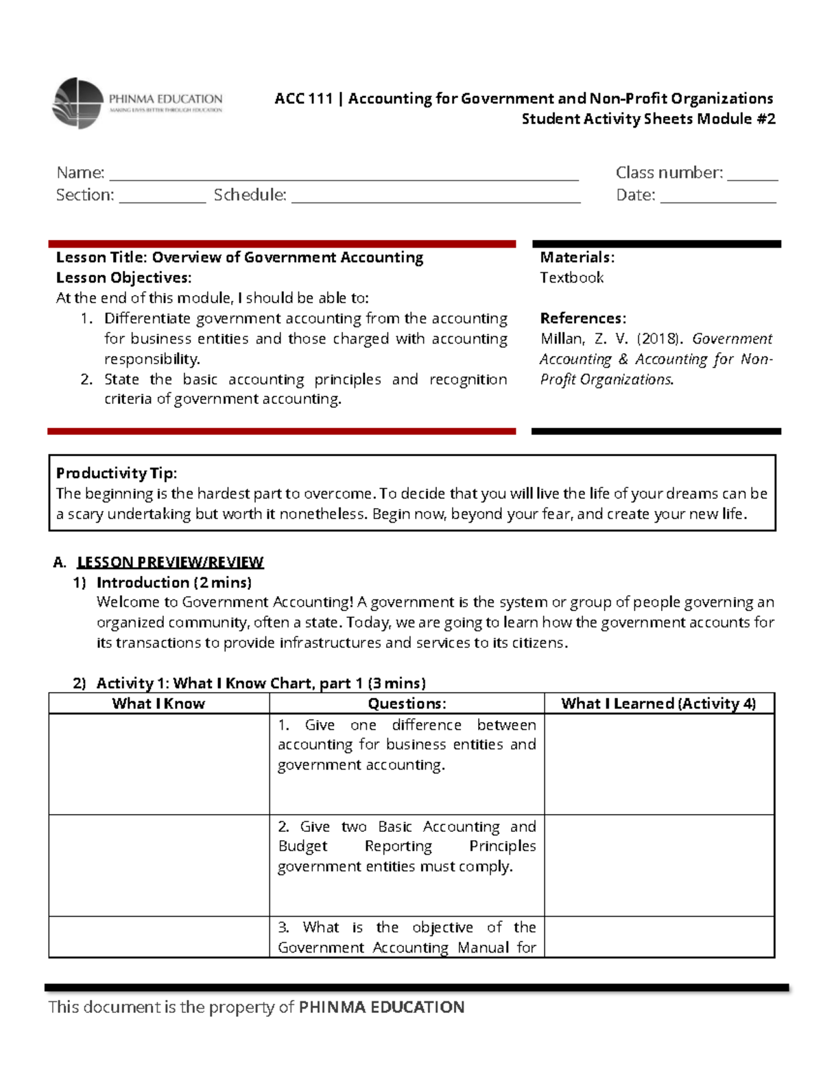 ACC 111 Government Accounting Overview and Student Activity Sheets - Studocu