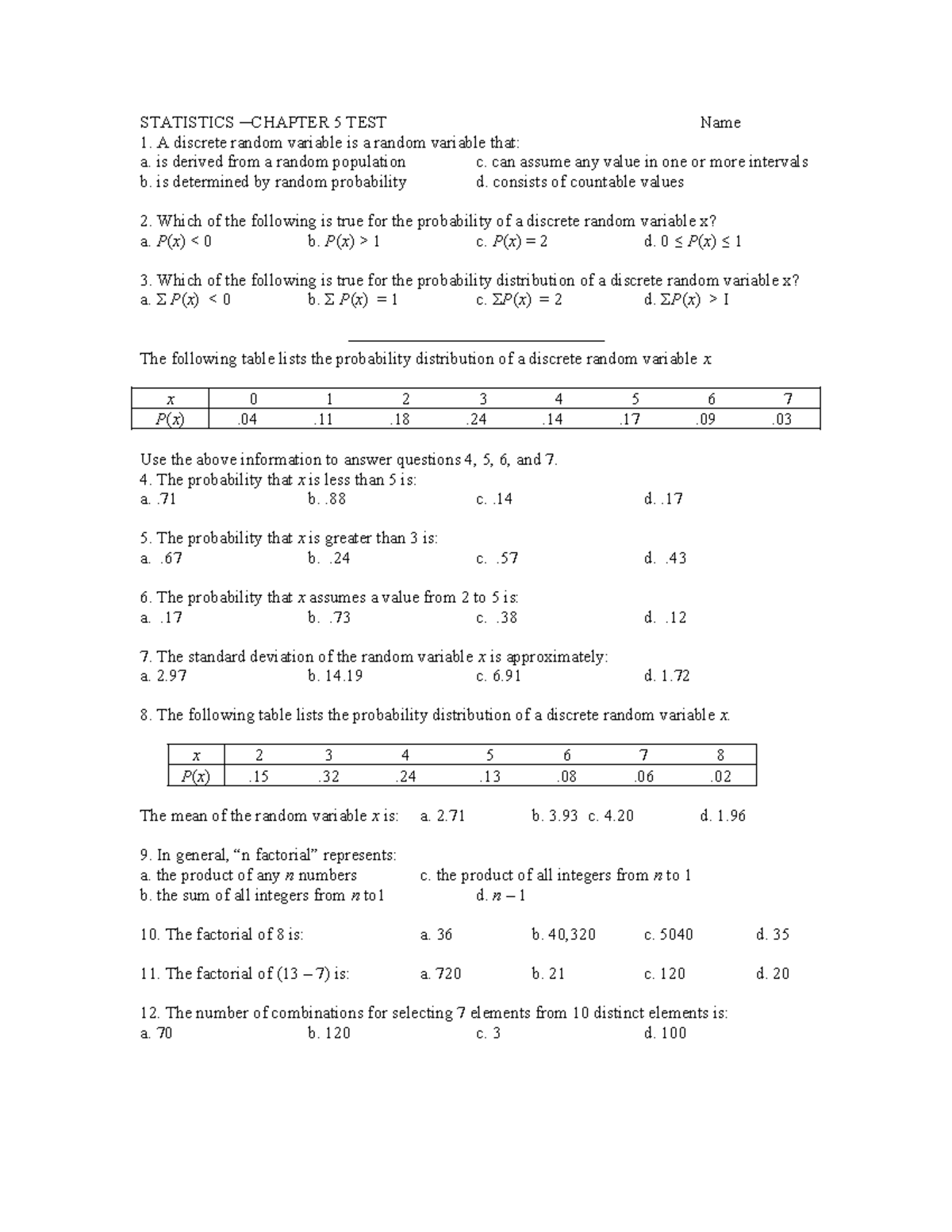 STATISTICS 5 CHAPTER 5 TEST Review and Answer Key - Studocu