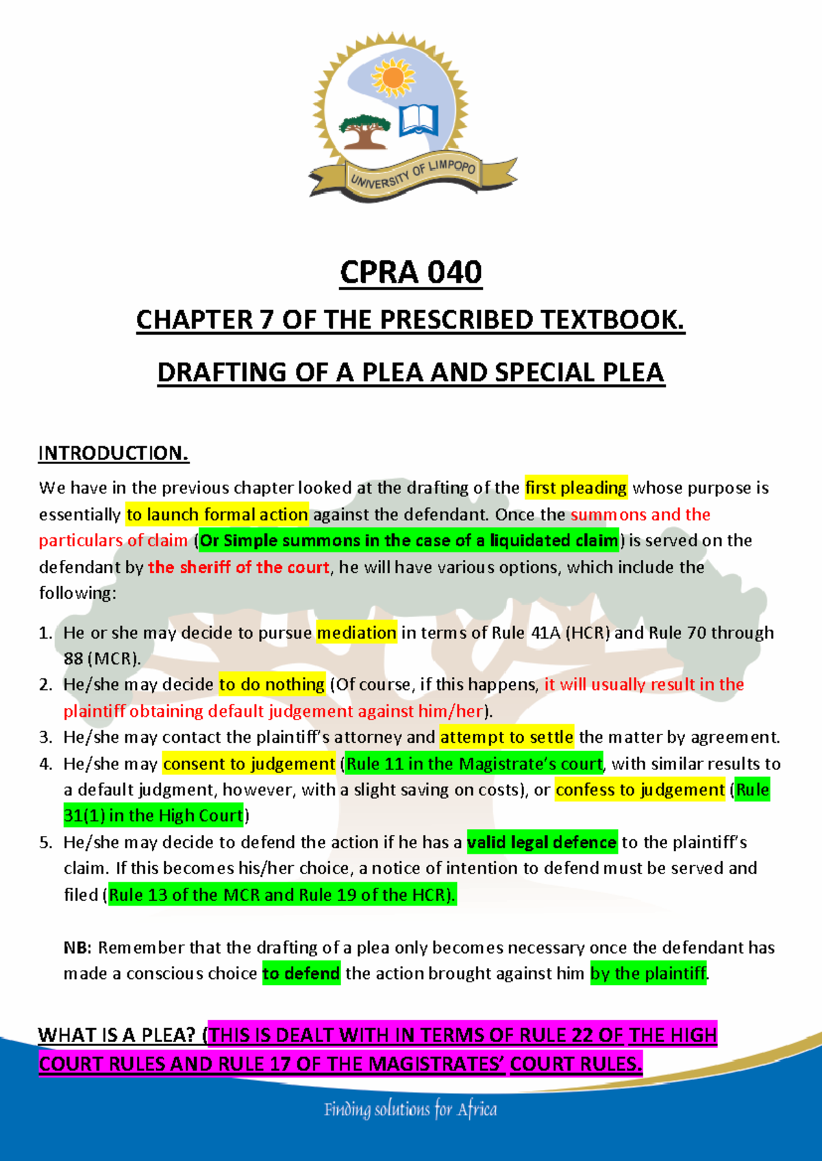 CPRA 040 Lecture Notes: Chapter 7 - Drafting a Plea & Special Plea ...