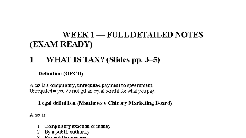 Week 1 - Detailed Lecture Notes on Tax Fundamentals (TAX101) - Studocu