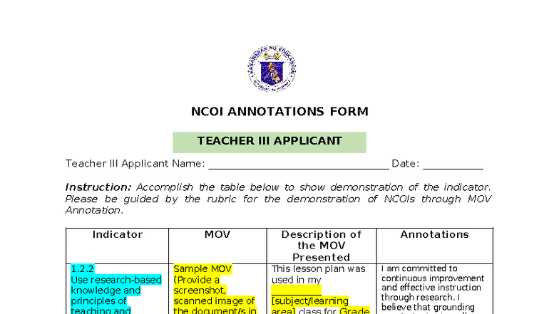 NCOI ANNOTATIONS FOR TIII TEACHER APPLICANT: Demonstrating Effective ...