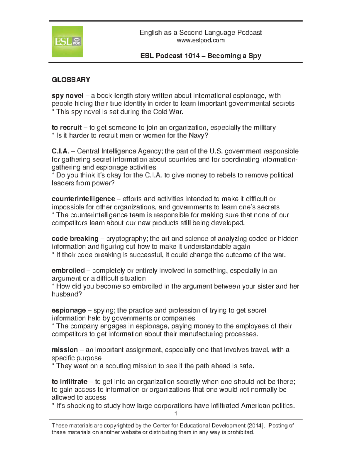 ESL Podcast 1014: Glossary and Insights on Becoming a Spy - Studocu