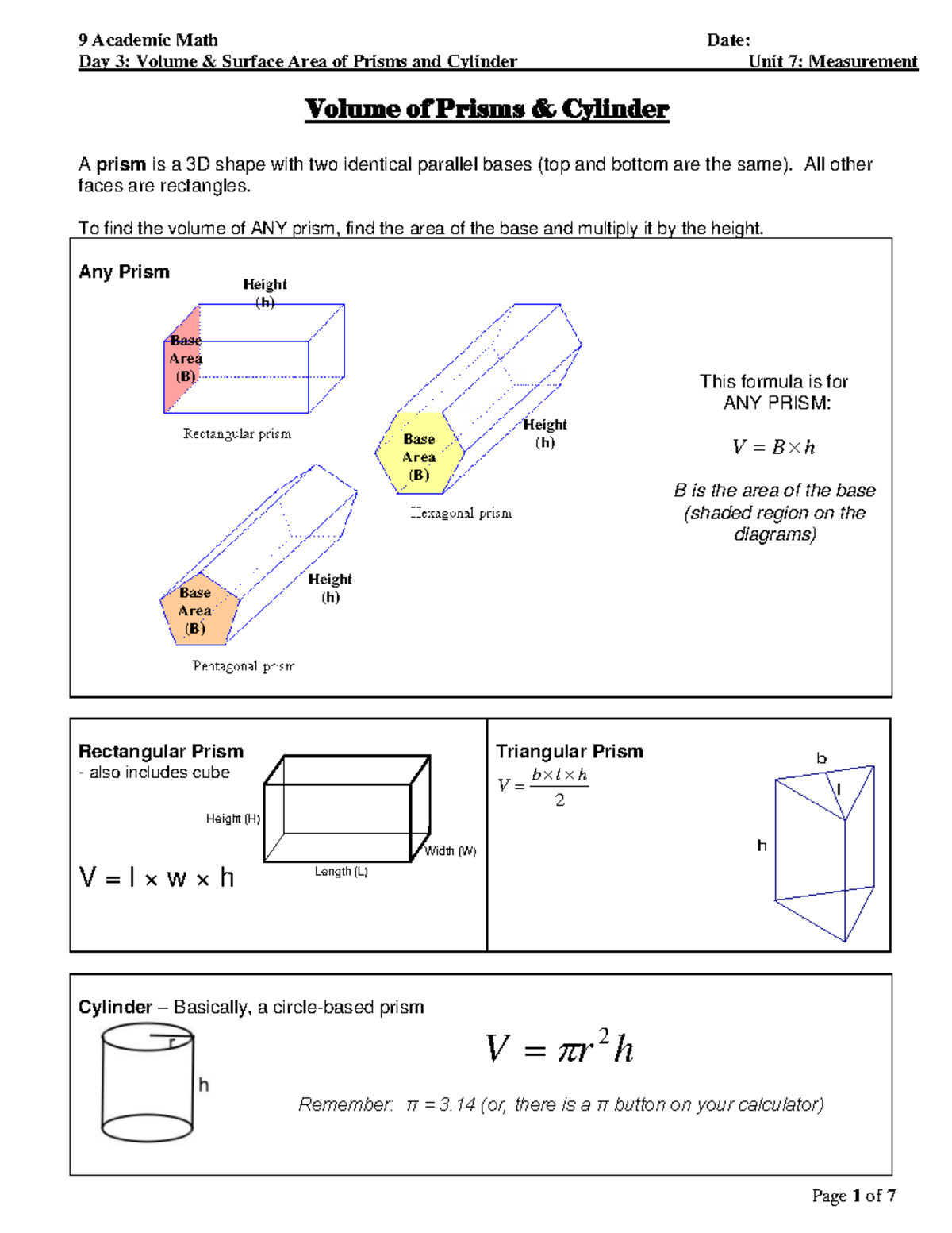 9 Academic Math Unit 7: Volume & Surface Area of Prisms and Cylinders ...