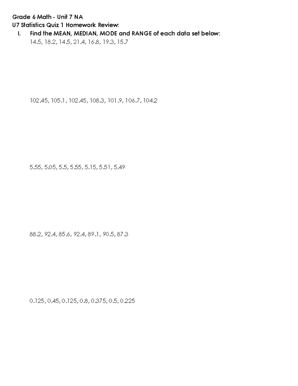 Grade 6 Math U7 Statistics Quiz 1 Homework Review: Mean, Median, Mode ...