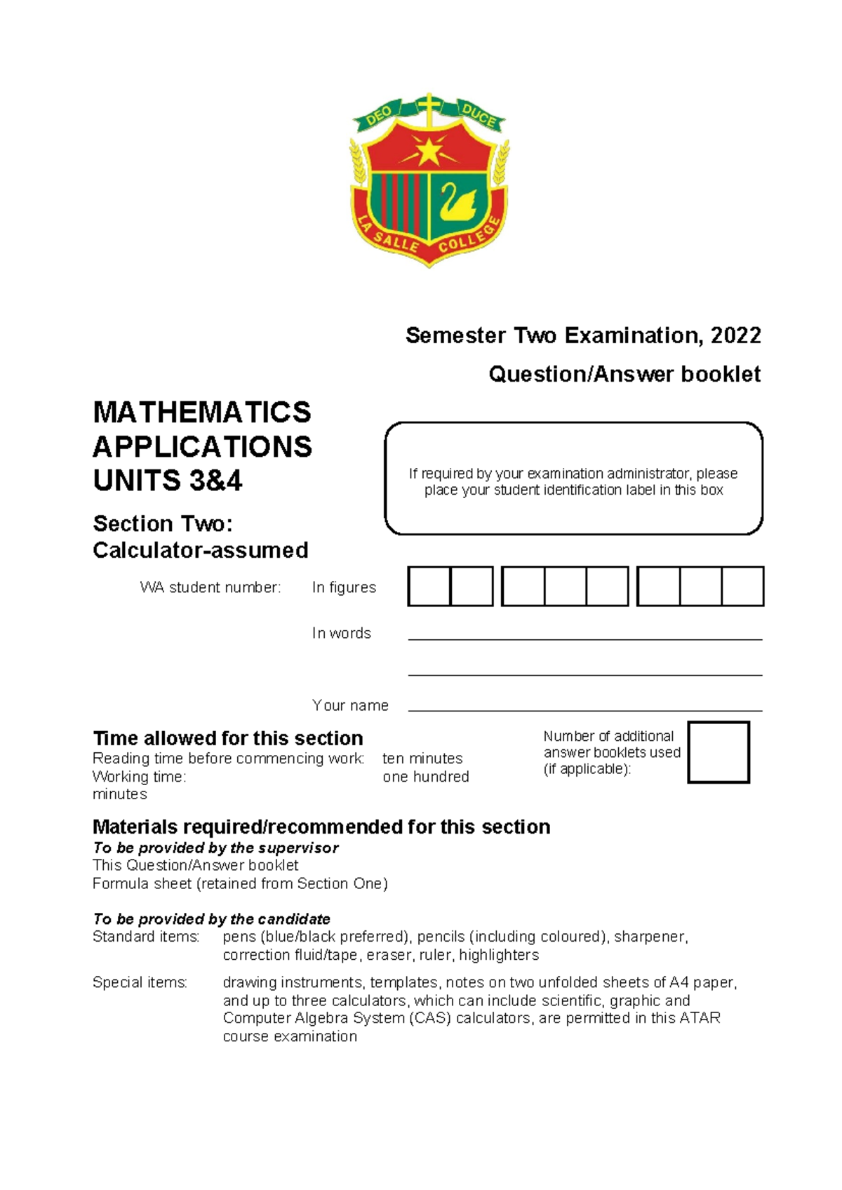 2022 Semester Two Exam: Mathematics Applications Units 12APPS U34 - Studocu
