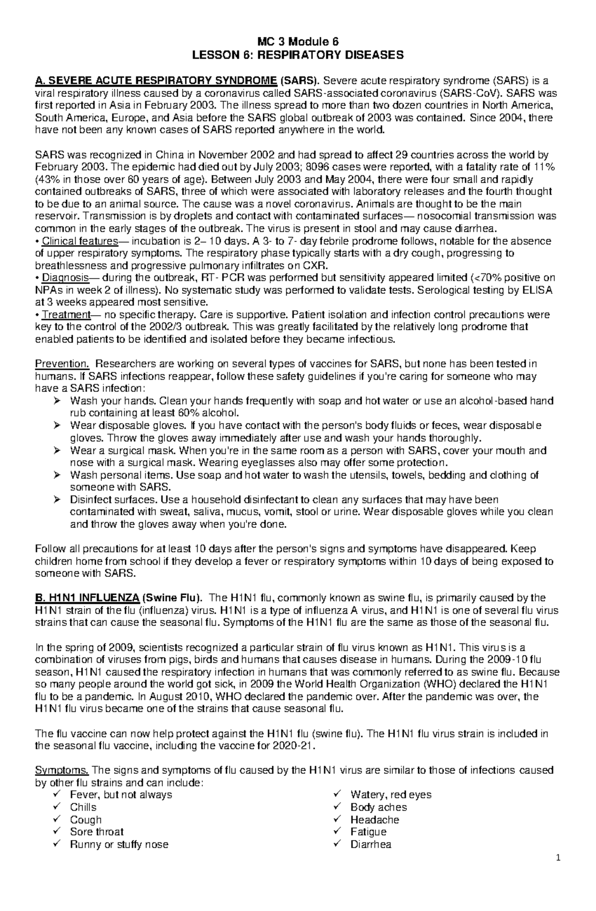 MC 3 Module 6: Respiratory Diseases - SARS, H1N1, and TB Overview - Studocu