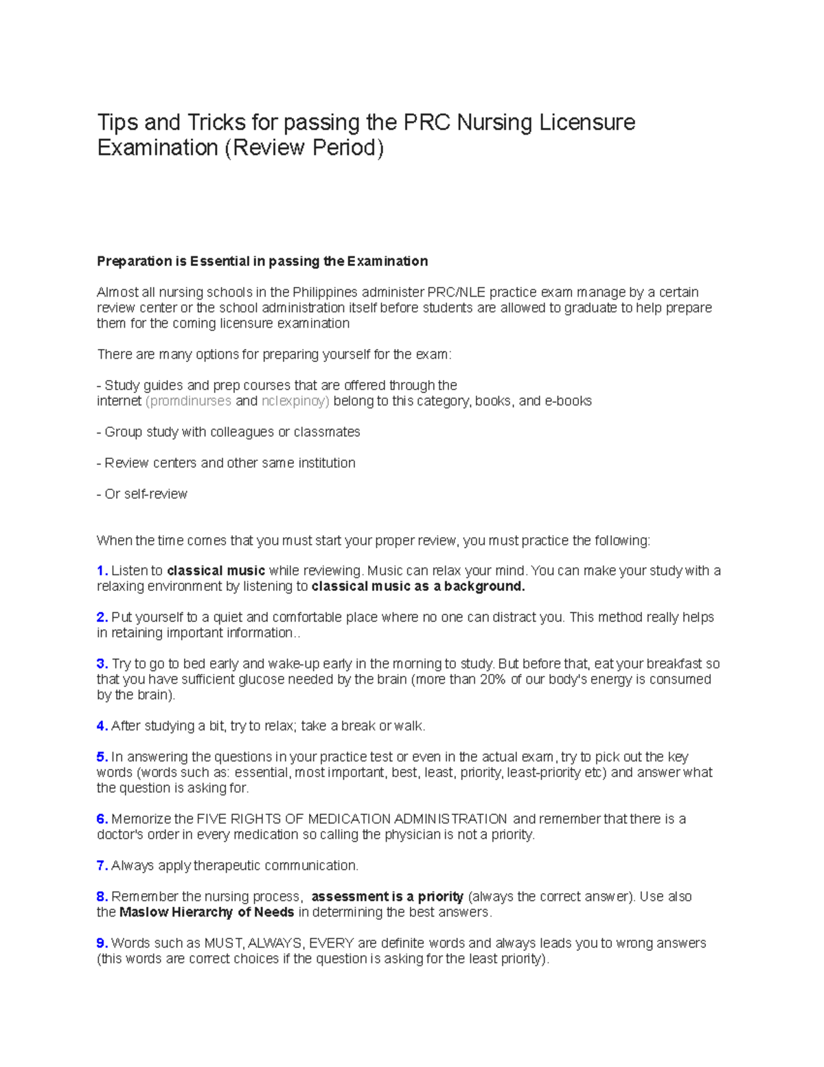 PRC Nursing Licensure Exam Prep: Tips and Tricks for Success - Studocu