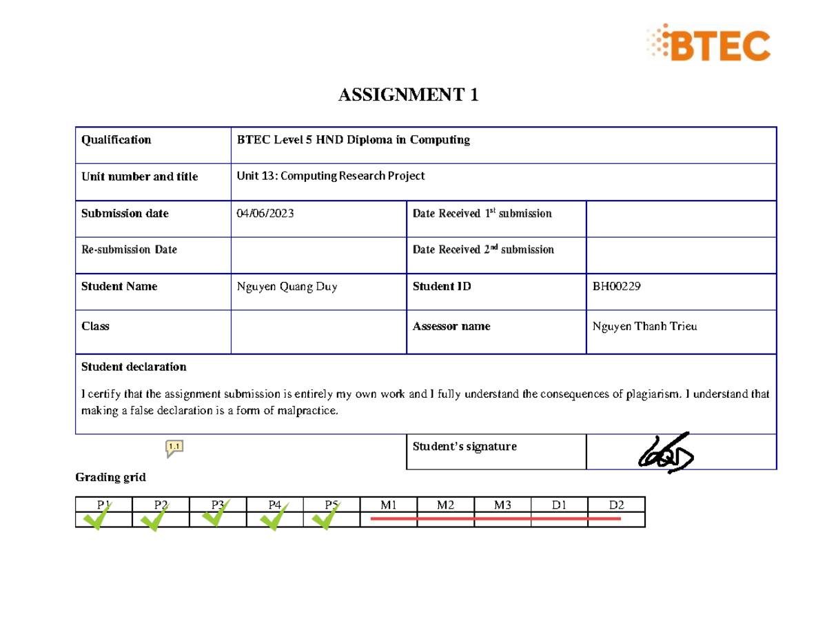 Nguyen Quang Duy (BTEC HN) 94782 0 - ASSIGNMENT 1 Qualification BTEC Level 5 HND Diploma in ...