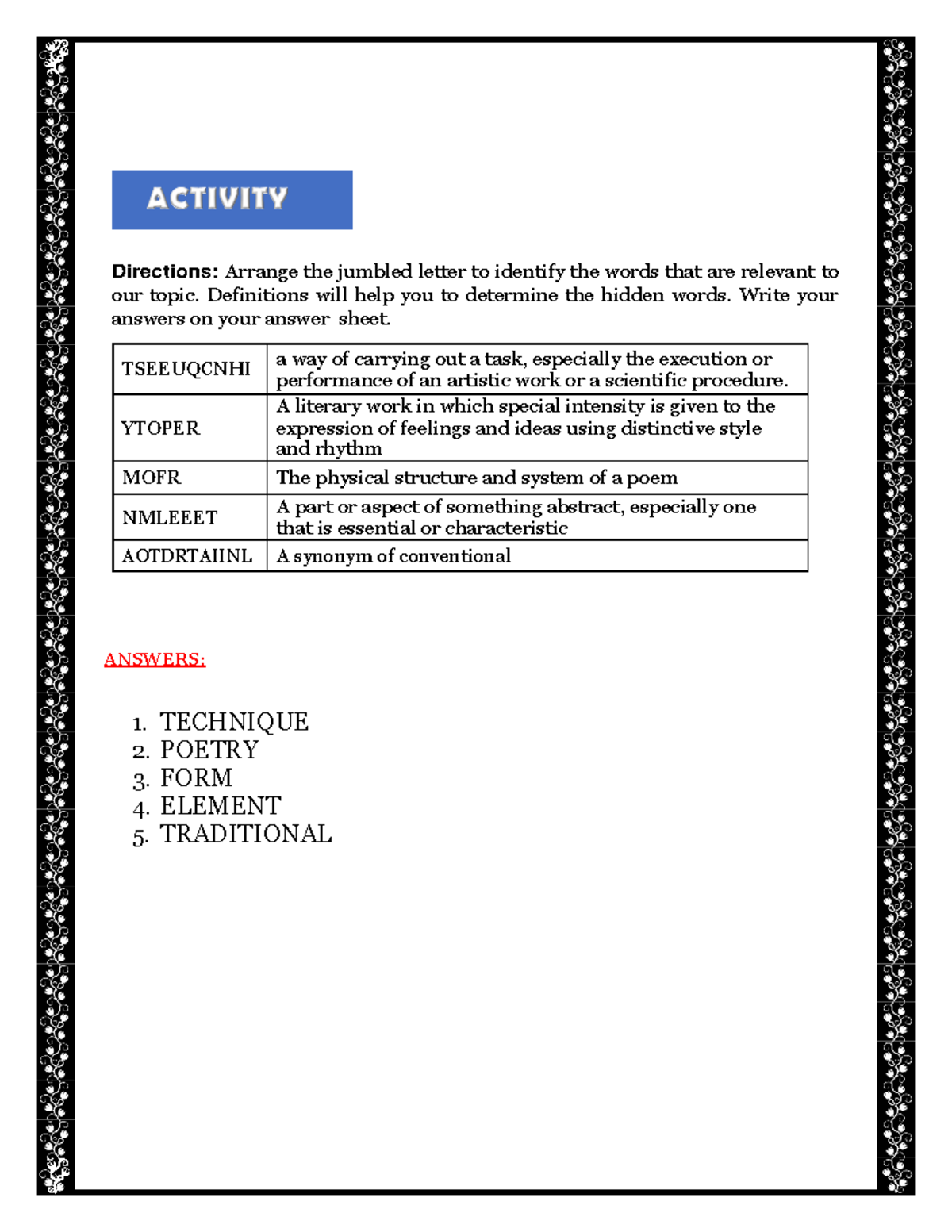 Creative Writing Activity 2 - Directions: Arrange the jumbled letter to identify the words that ...