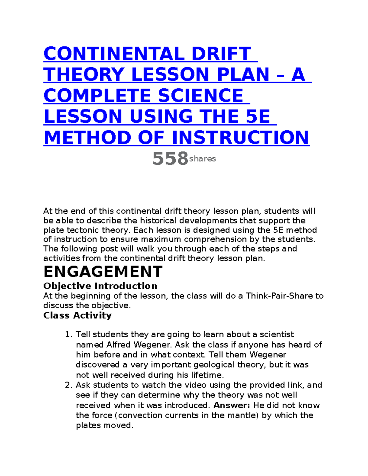 Interactive Notebook - CONTINENTAL DRIFT THEORY LESSON PLAN – A ...