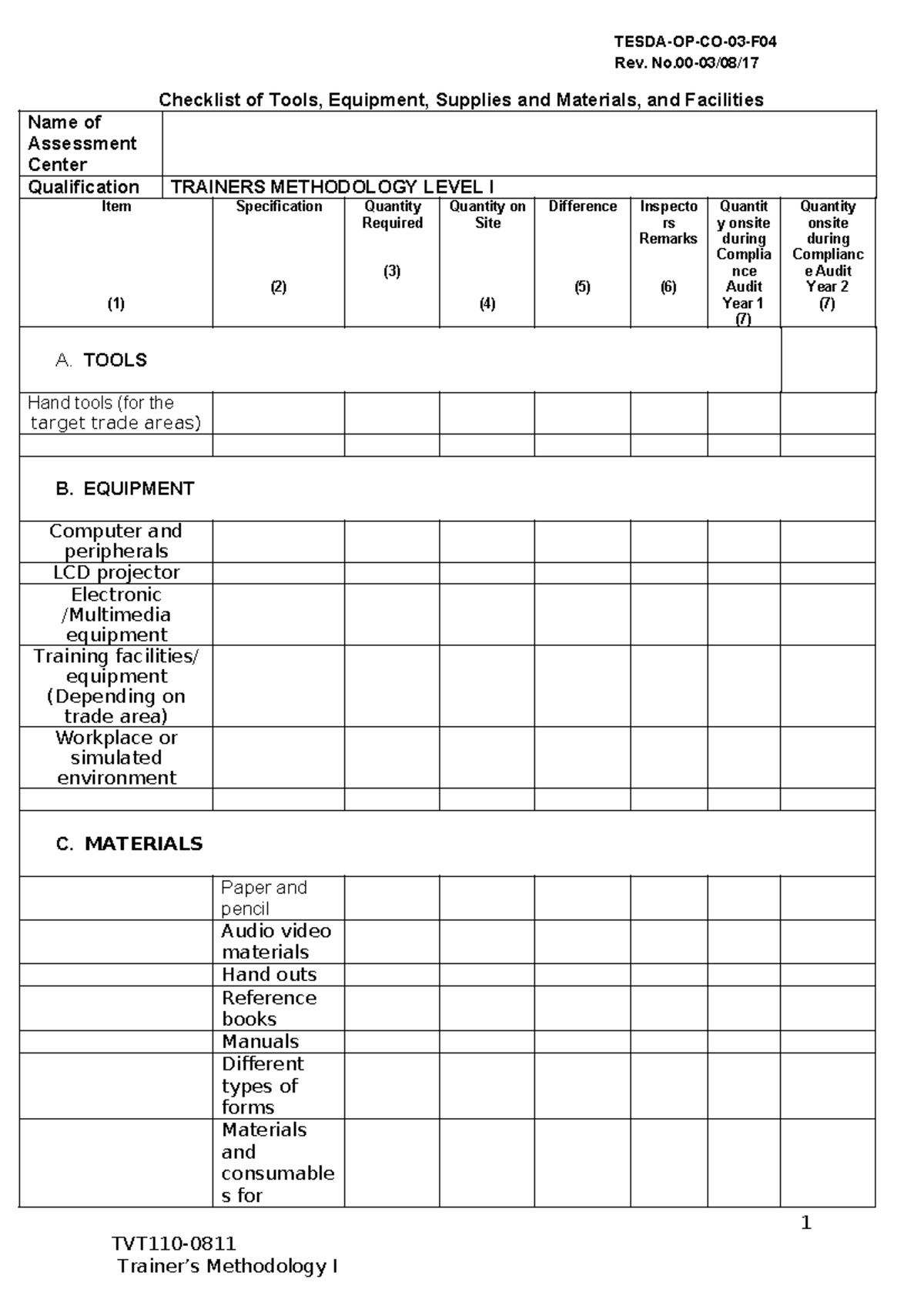 Trainers Methodology Level I Trainer Assessor - TESDA-OP-CO-03-F Rev ...