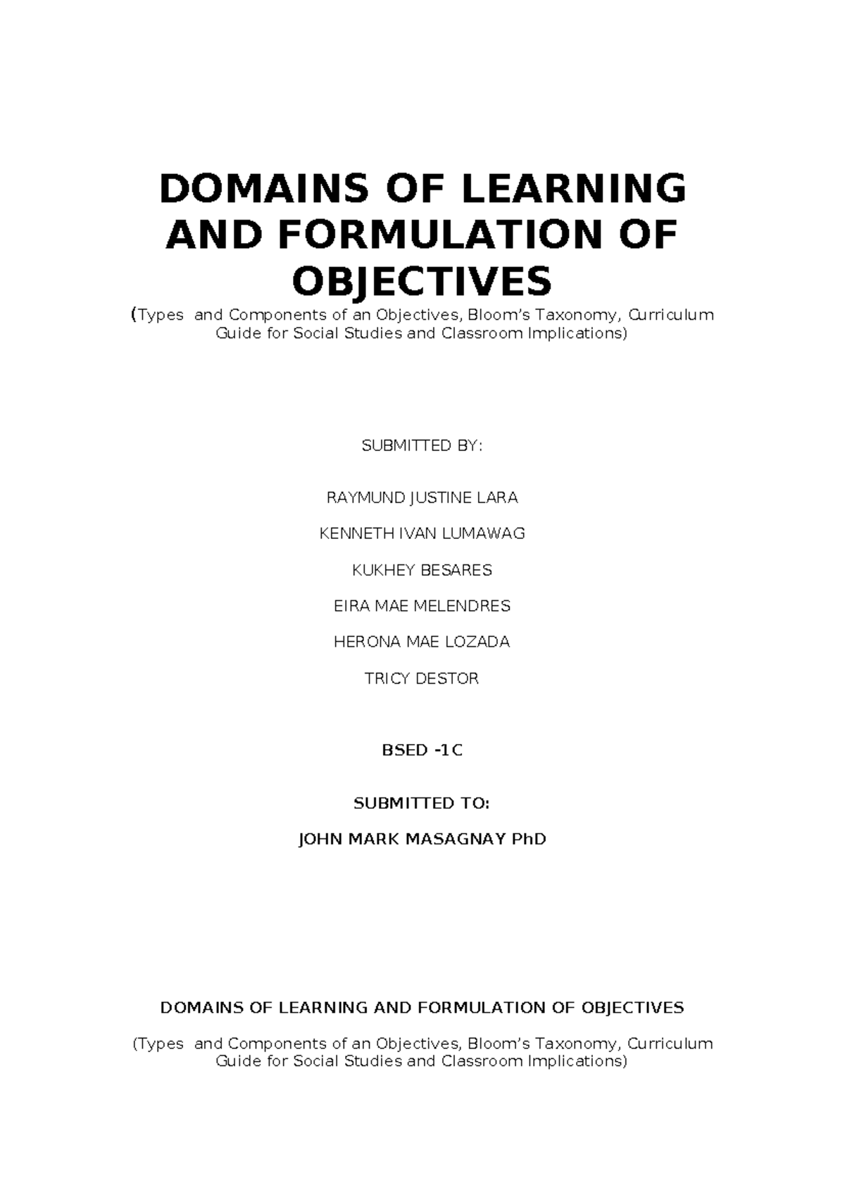 BSED 101: Domains of Learning & Objective Formulation Guide - Studocu