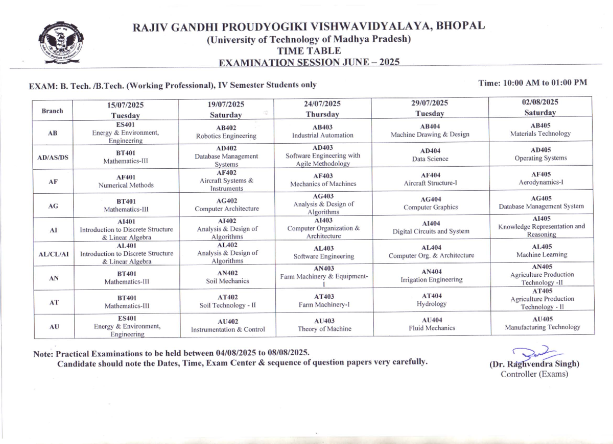 B. Tech IV Semester Exam Time Table - June 2025 - RGPV - Studocu