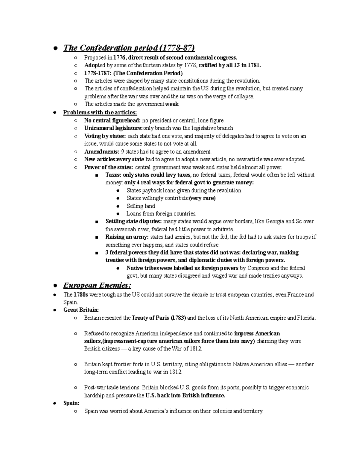 Confederation Period Notes: Weaknesses and Consequences (History 101 ...