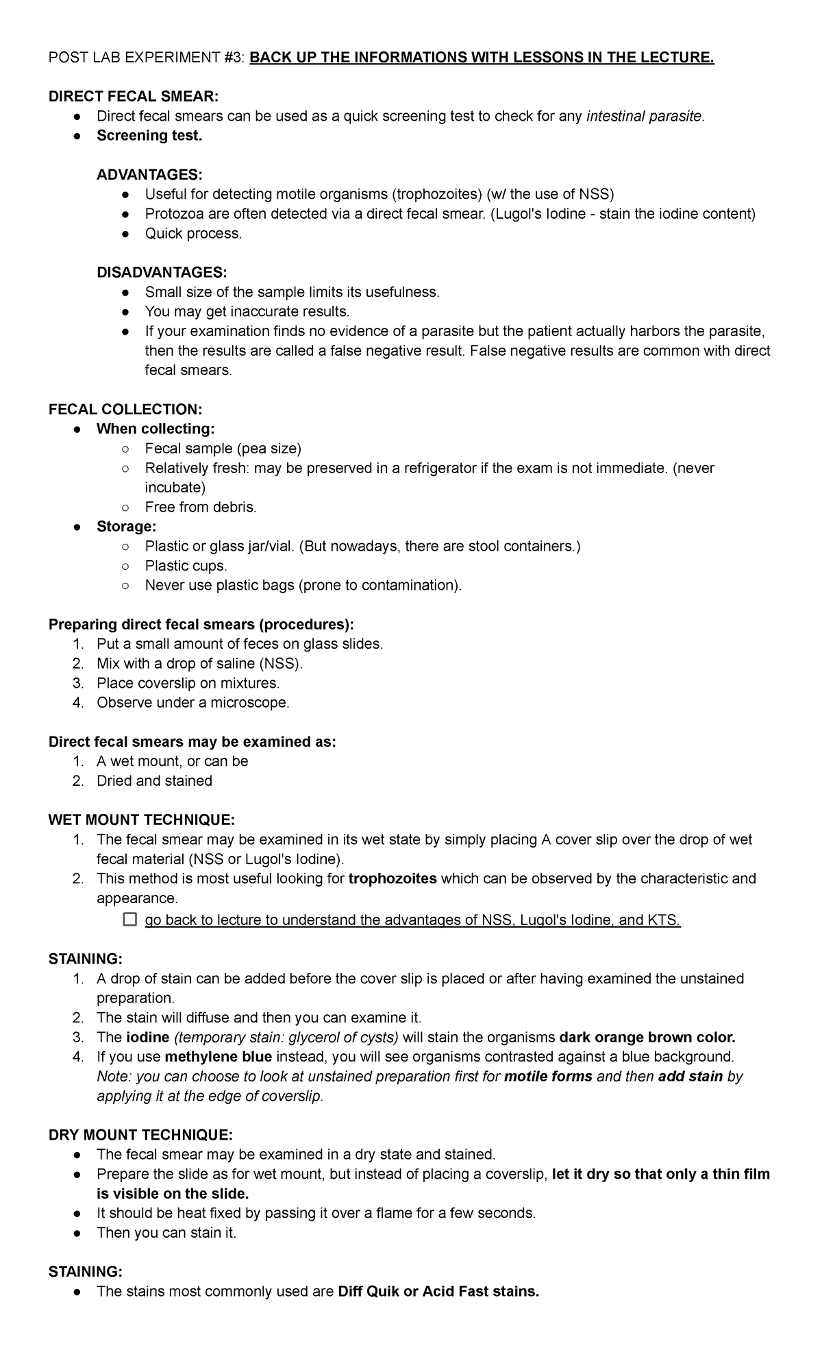 3 PARA - Direct Fecal Smear Techniques and Procedures - Studocu