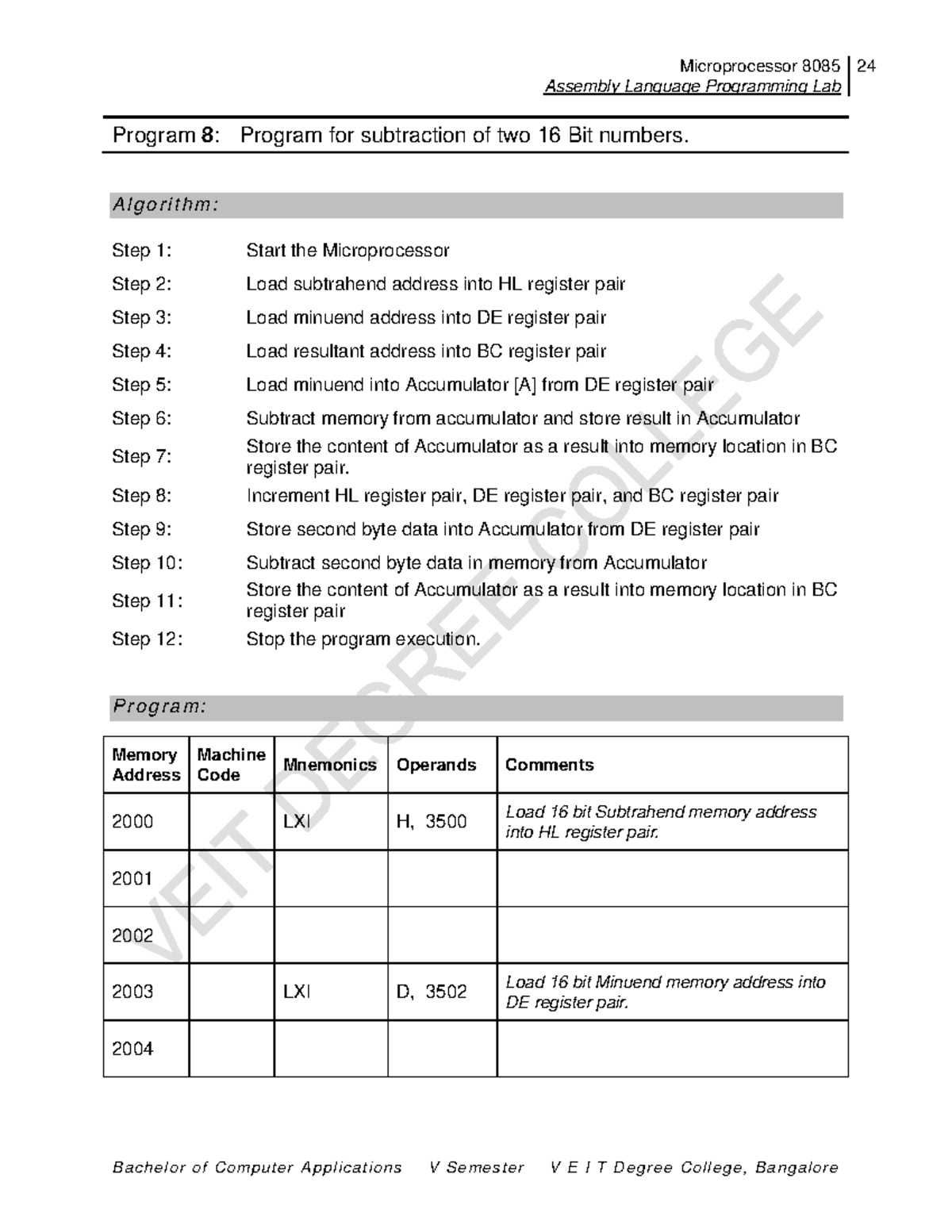 Program 8 - Microprocessor 8085 24 Assembly Language Programming Lab Program 8: Program for ...