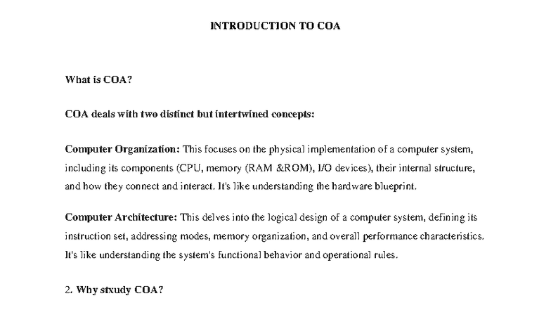 Computer Organization and Architecture (COA) Overview Notes - Studocu