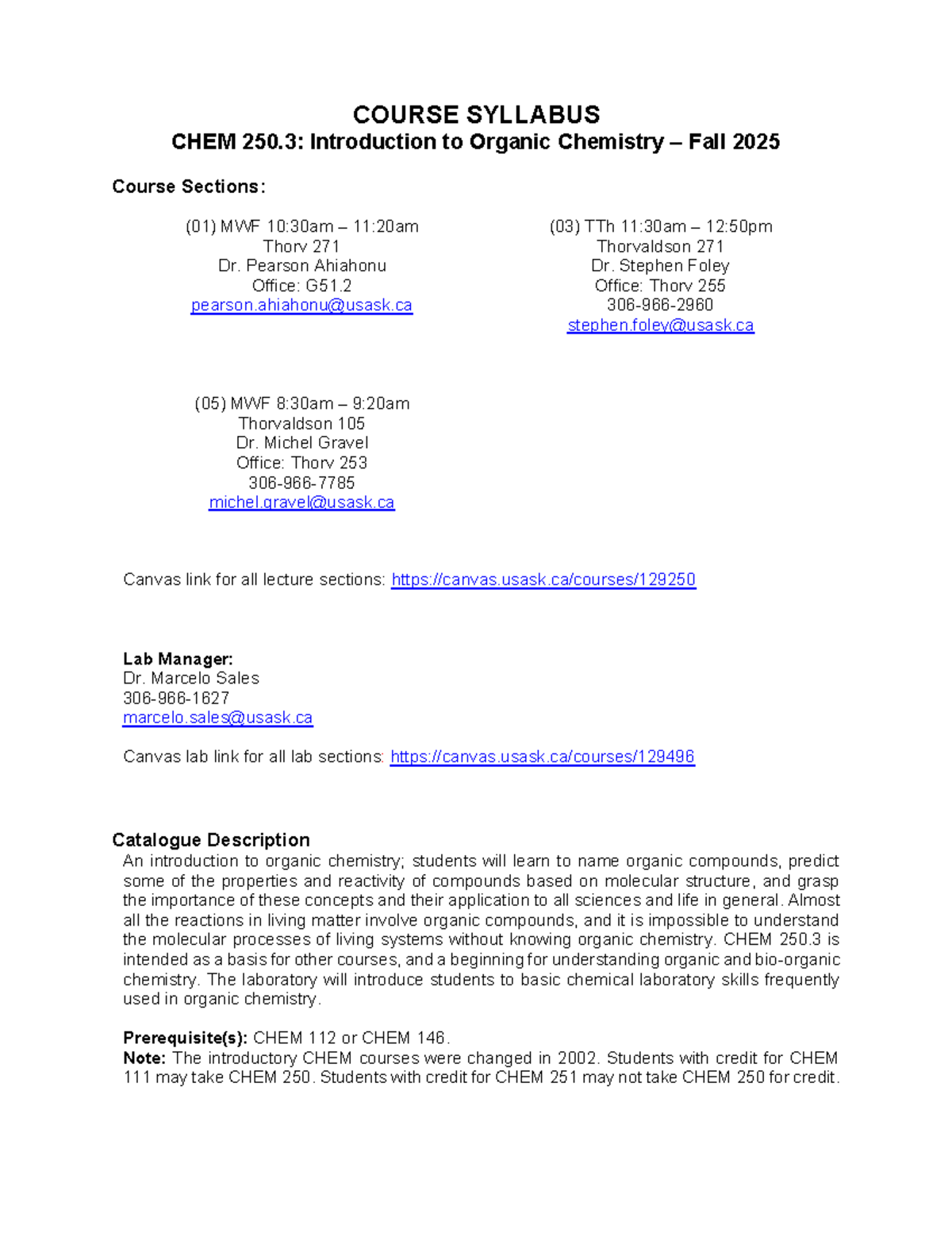 Chem 250.3 Syllabus: Intro to Organic Chemistry Fall 2025 - Studocu