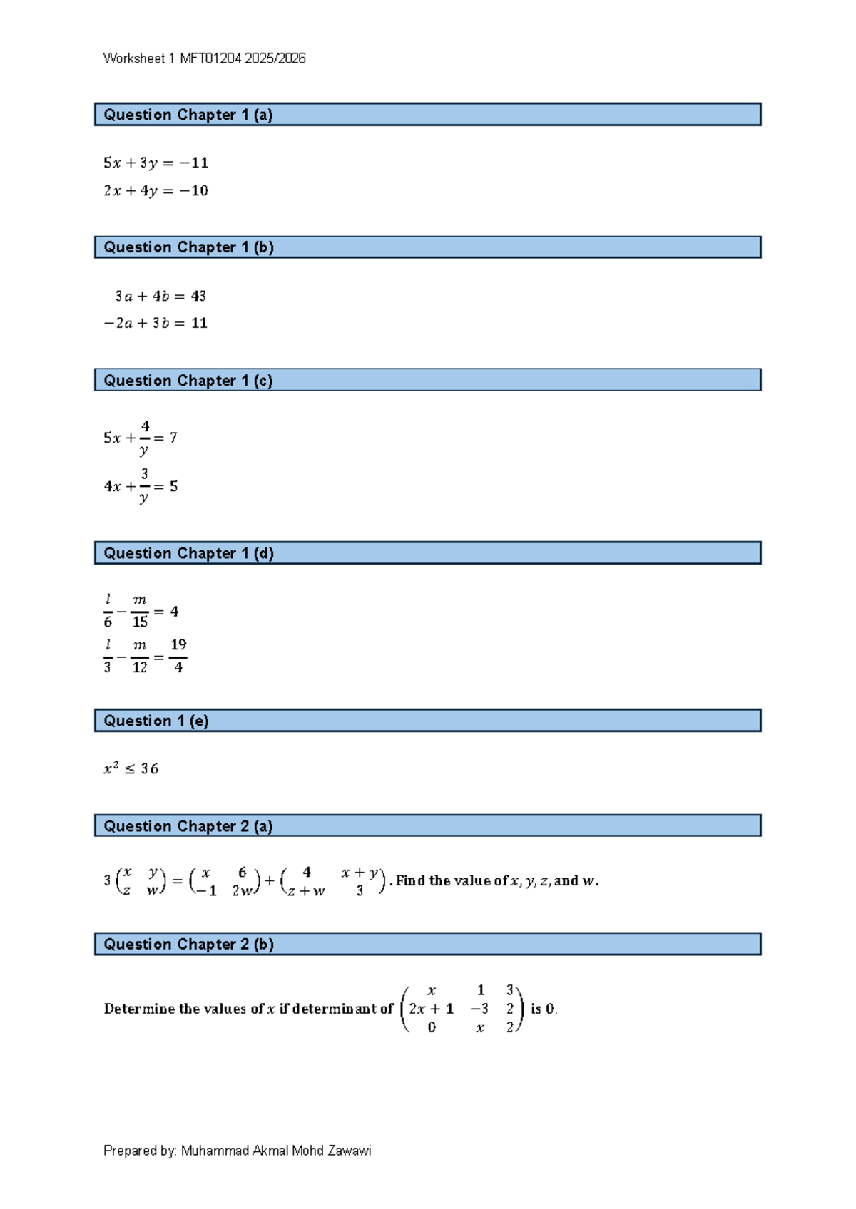 Worksheet 1 MFT01204: Questions from Chapters 1 to 4 - Studocu