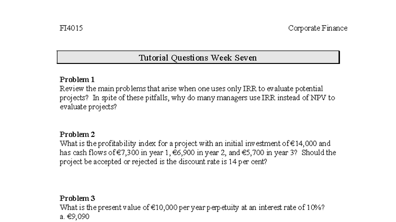 FI4015 Corporate Finance Tutorial Problems - Week 7 Review - Studocu