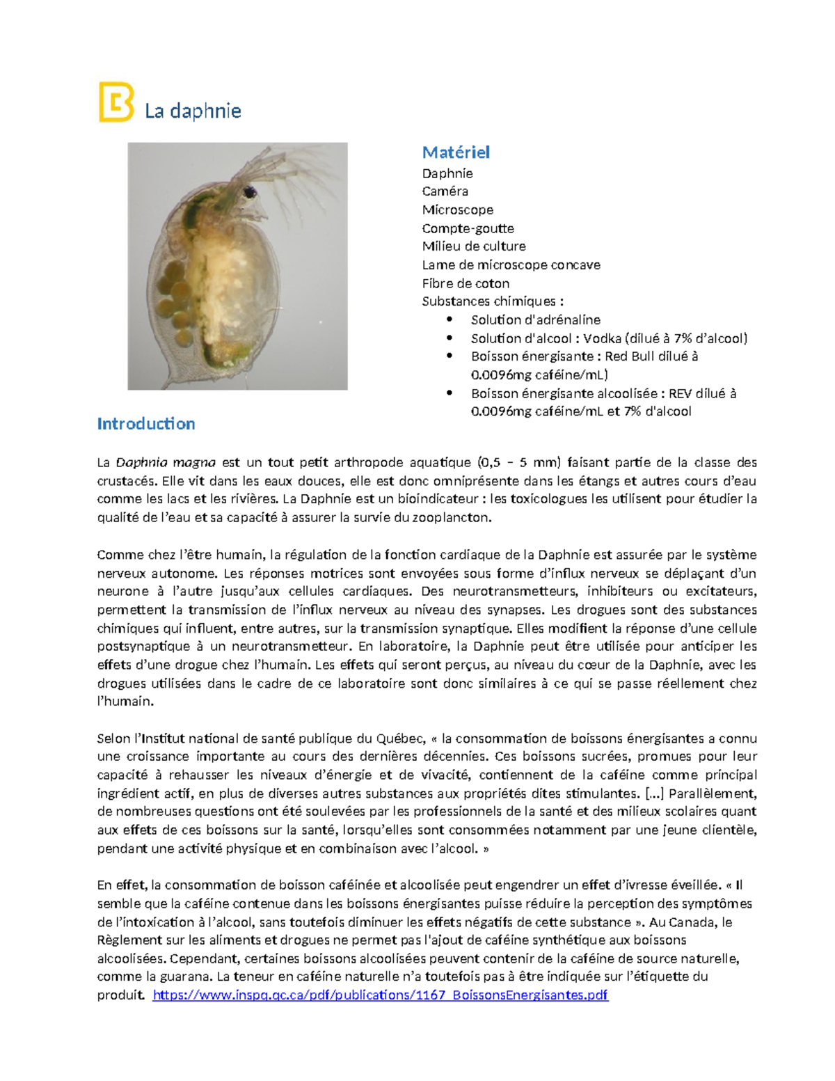 Protocole de Laboratoire sur la Daphnie et les Boissons Énergisantes ...