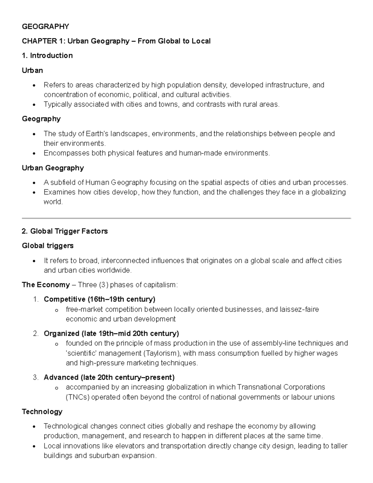 GEOGRAPHY CHAPTER 1: Urbanization and Globalization Overview - Studocu