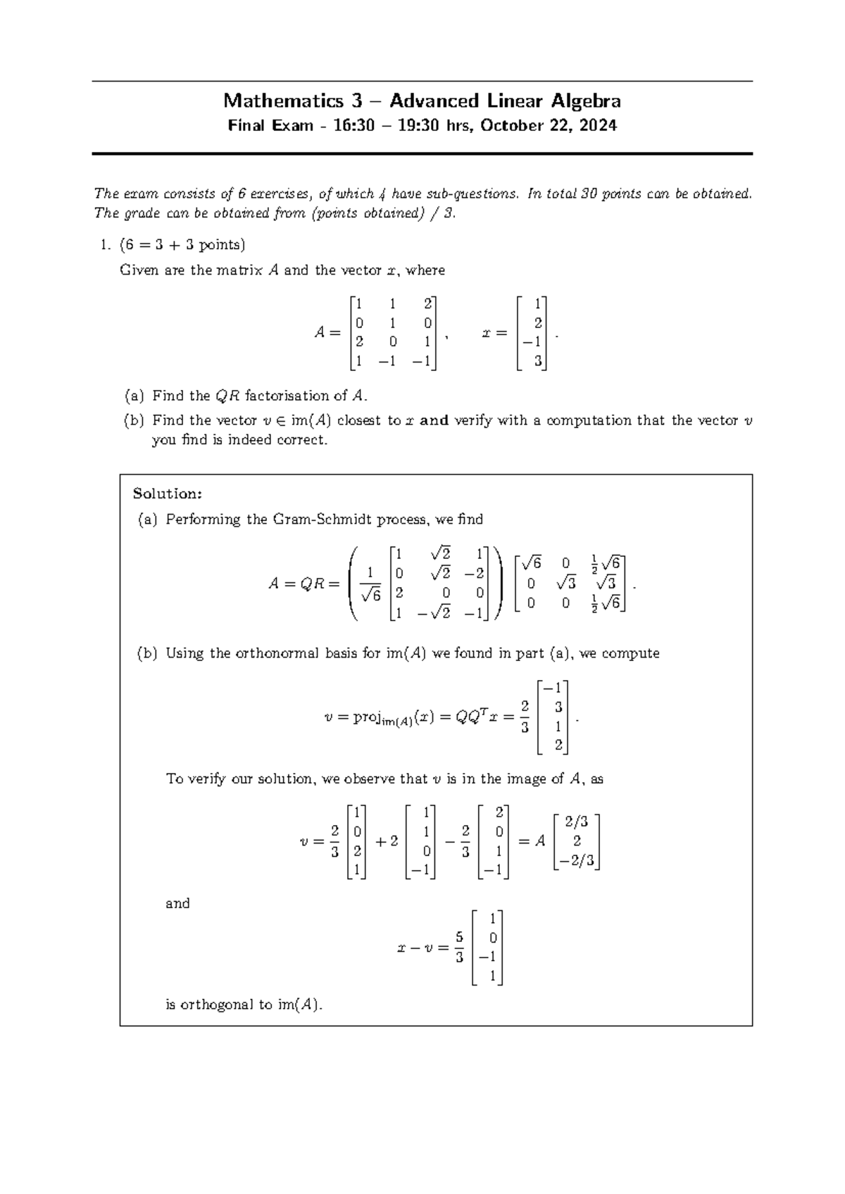 Mathematics 3 Advanced Linear Algebra Final Exam Solutions - October 22 ...