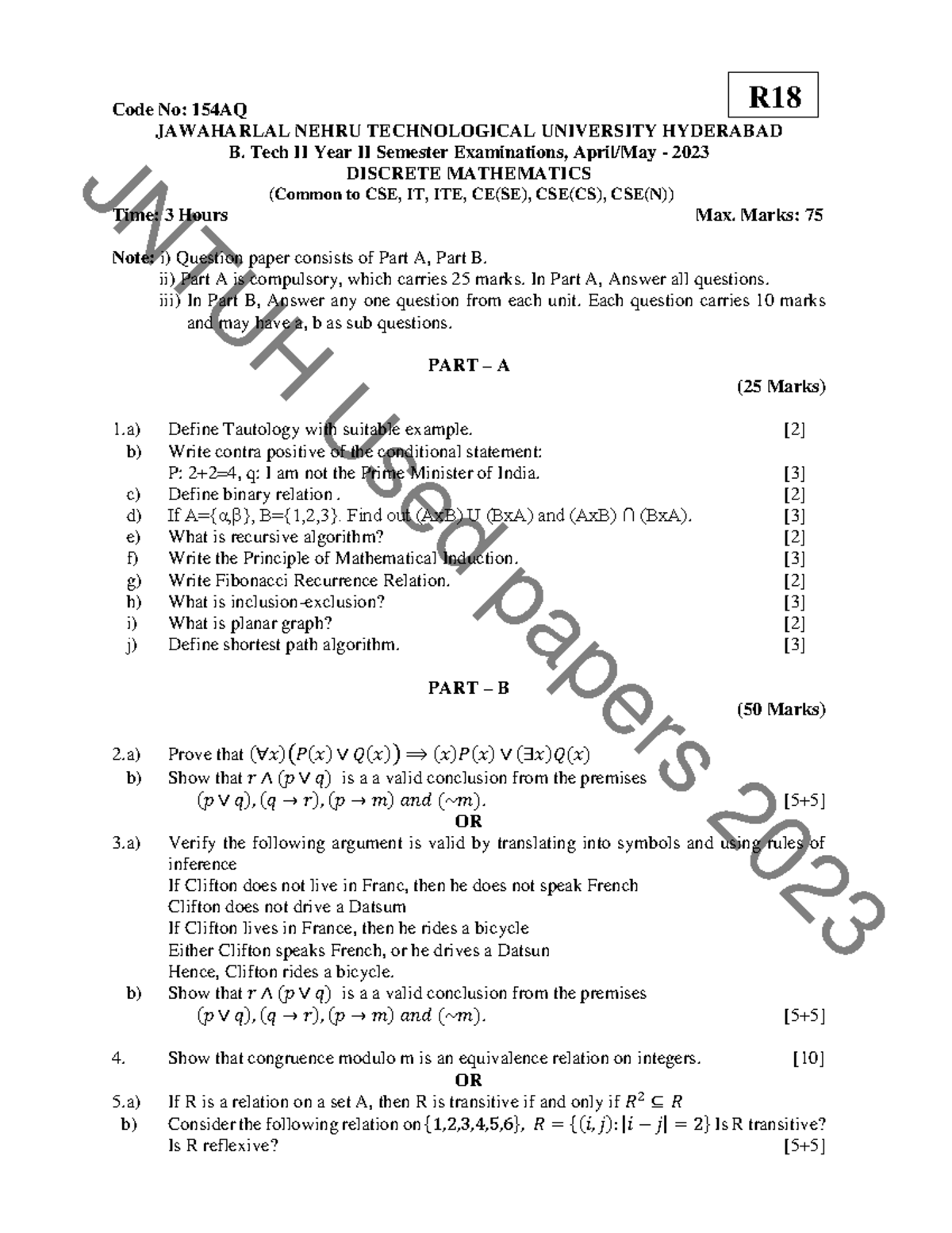 DM R18 154AQ Discrete Mathematics April-May 2023 Question Paper - Studocu