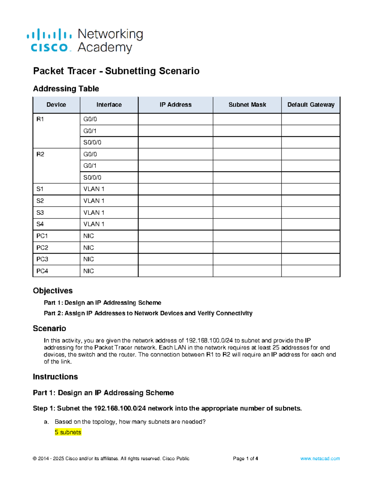 11.7.5 Packet Tracer - Subnetting Design and IP Assignment Guide - Studocu