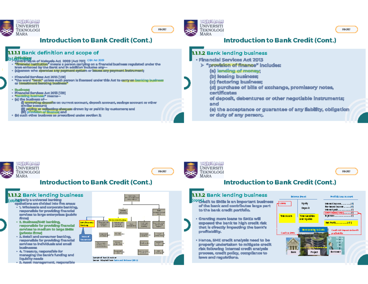 Chapter 1-3 Overview of Bank Credit and Lending Principles (FIN367 ...