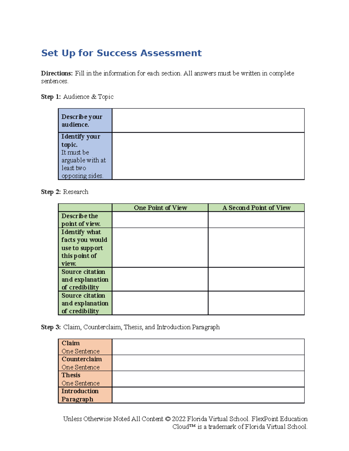 Set up for success assess rubric - Set Up for Success Assessment ...
