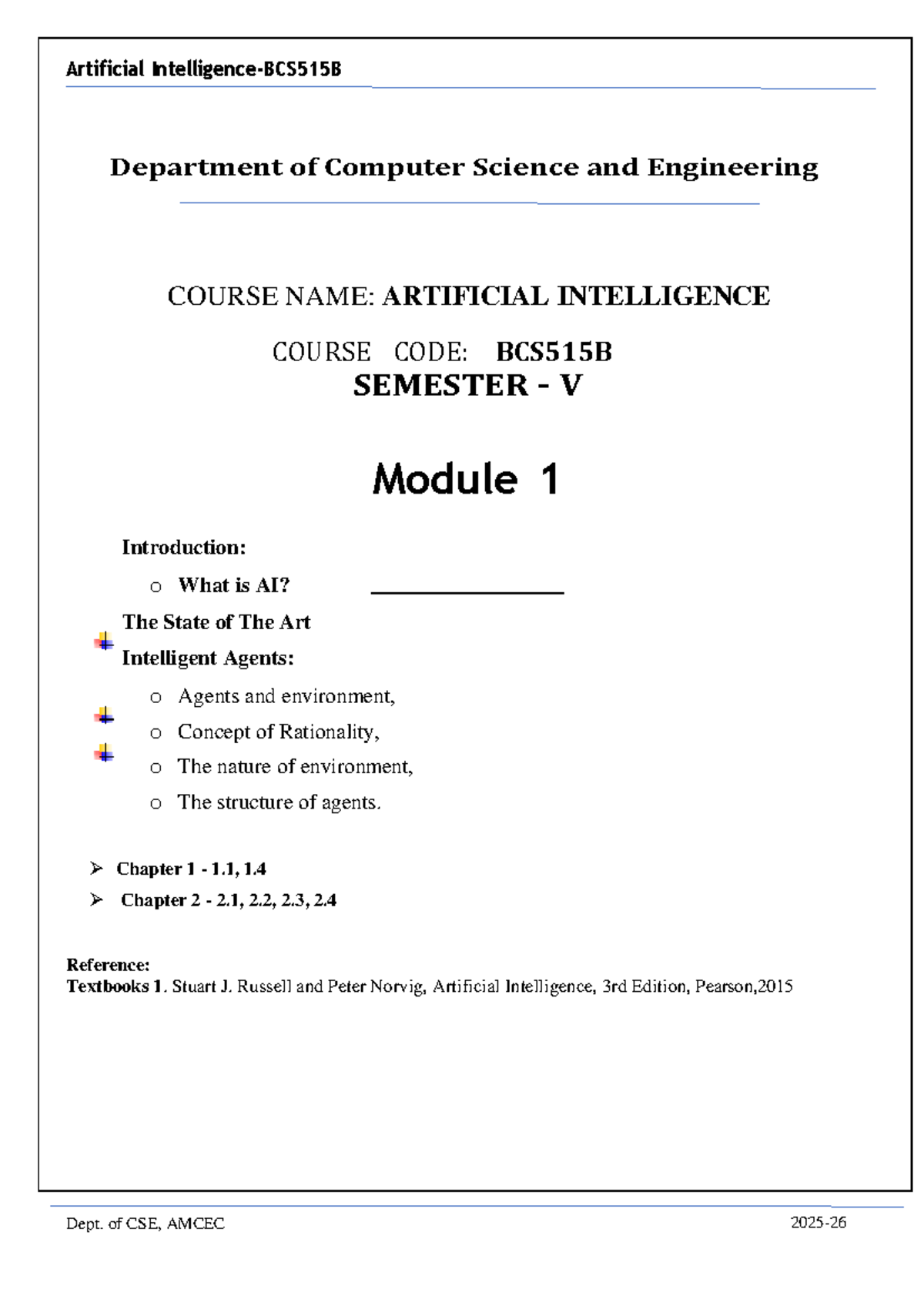 AIML Module 1 - BCS515B: Introduction to Artificial Intelligence - Studocu