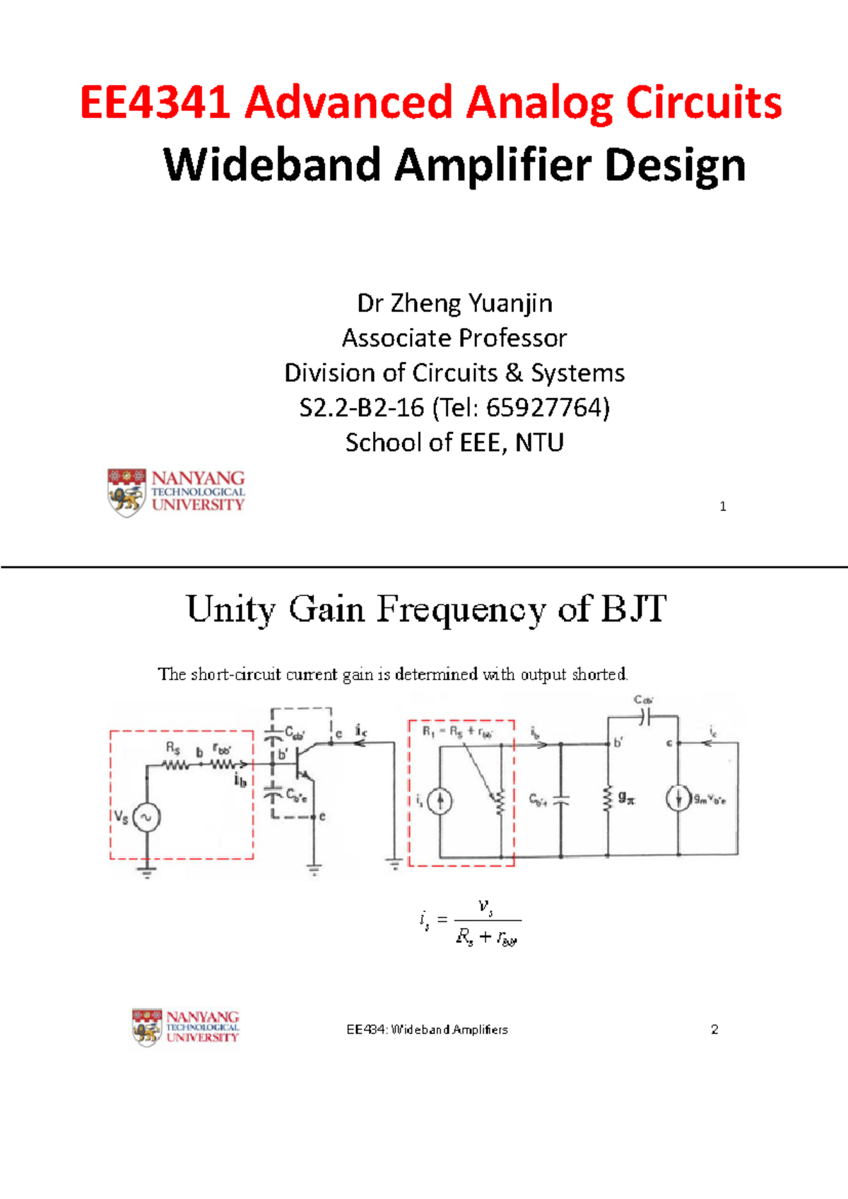 Wideband Amplifiers Lecture - EE4341 Advanced Analog Circuits Wideband ...