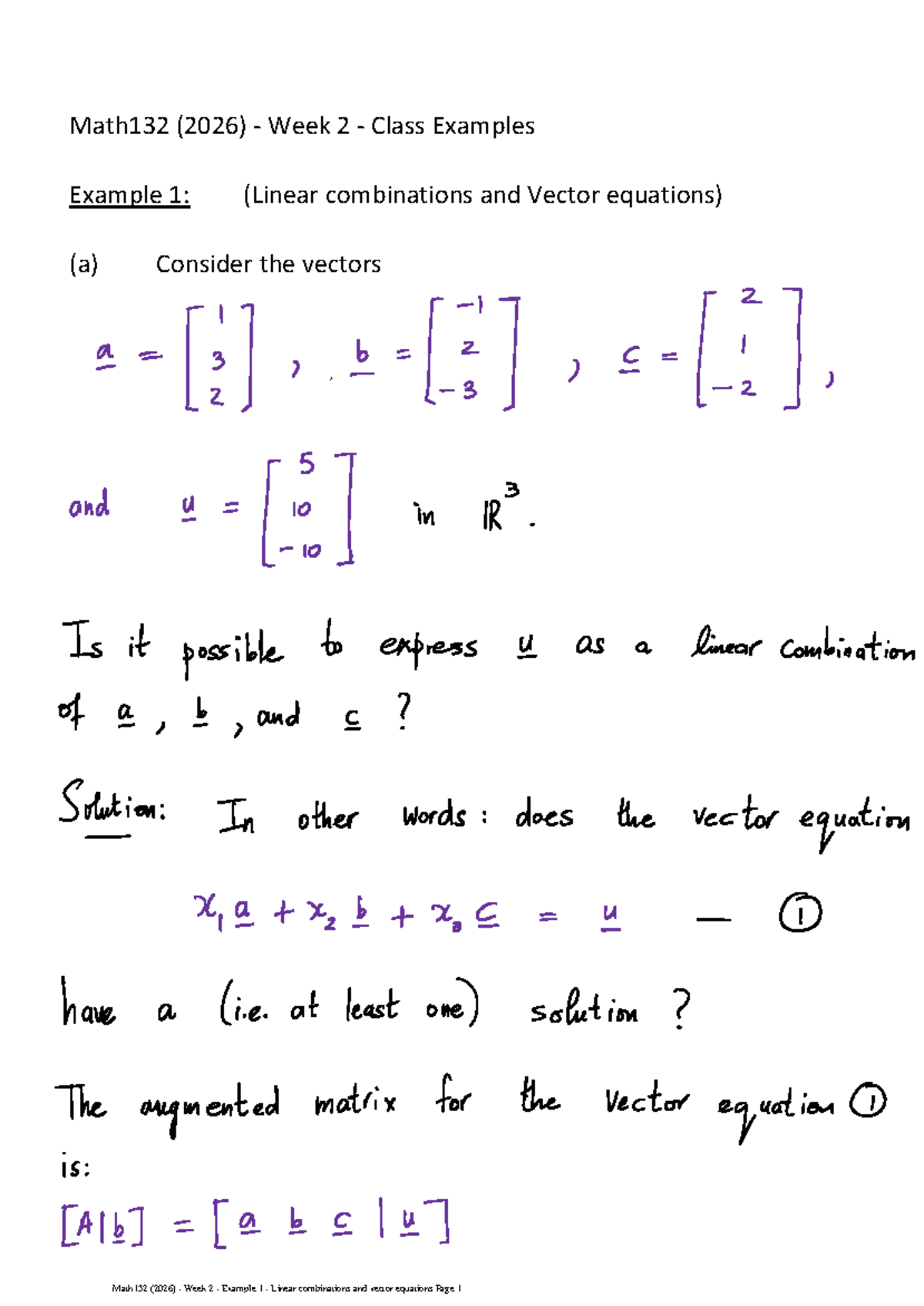 Math132 (2026) Week 2 Class Examples: Linear Combinations & Vectors ...