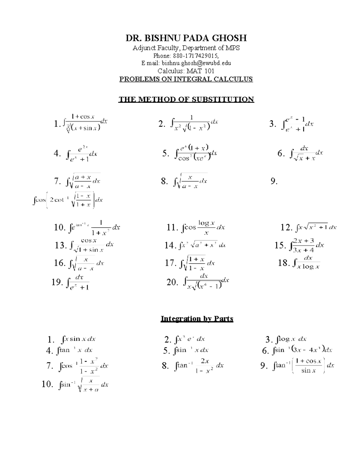 MAT 101 Integration Assignment: Problems on Integral Calculus - Studocu