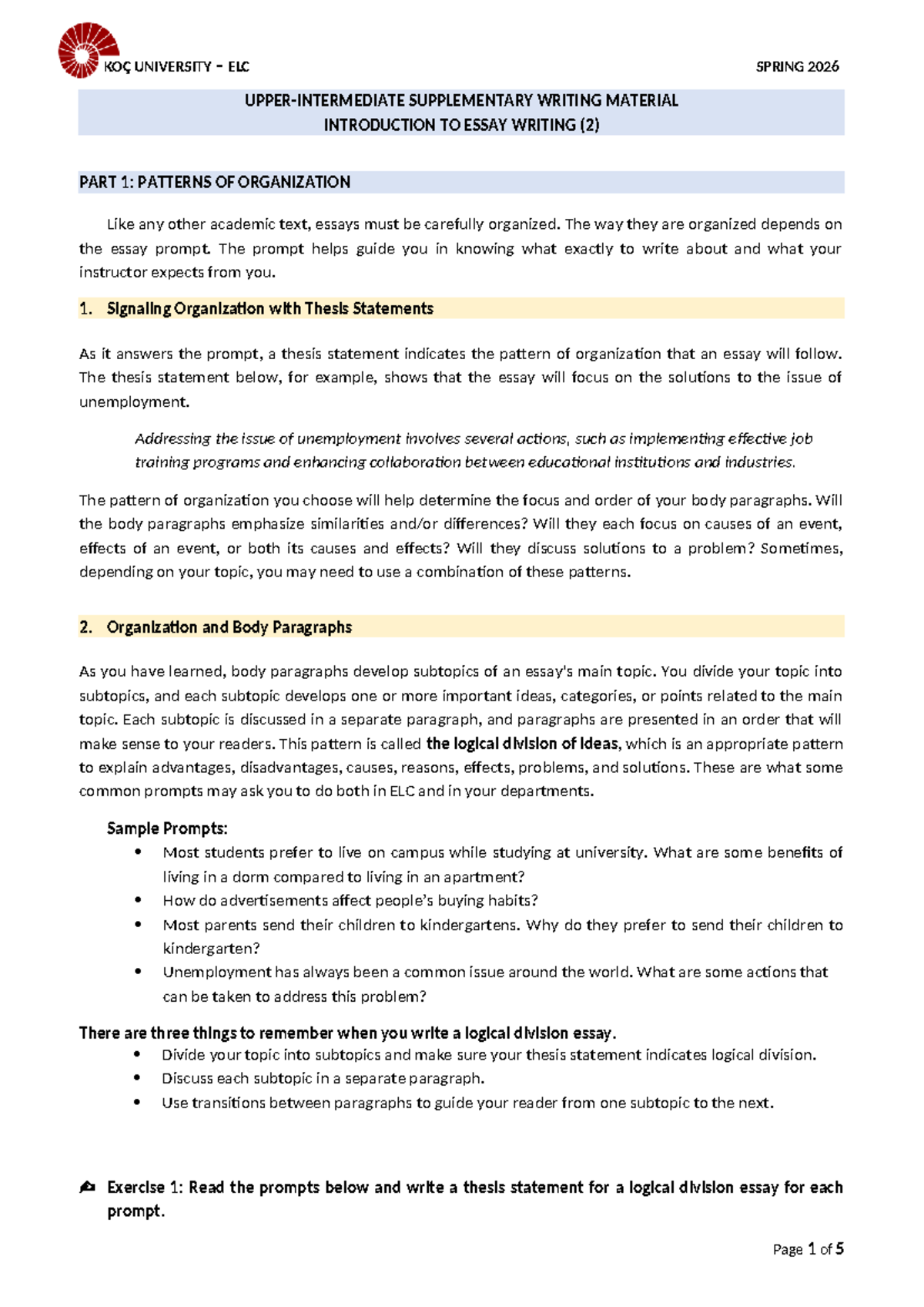 KOÇ UNIVERSITY ELC SPRING 2026 SUPPLEMENTARY WRITING: ESSAY ...