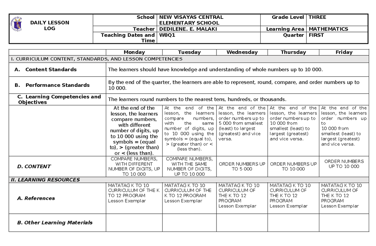 DLL MATH 3: Daily Lesson Log for Comparing and Ordering Numbers - Studocu