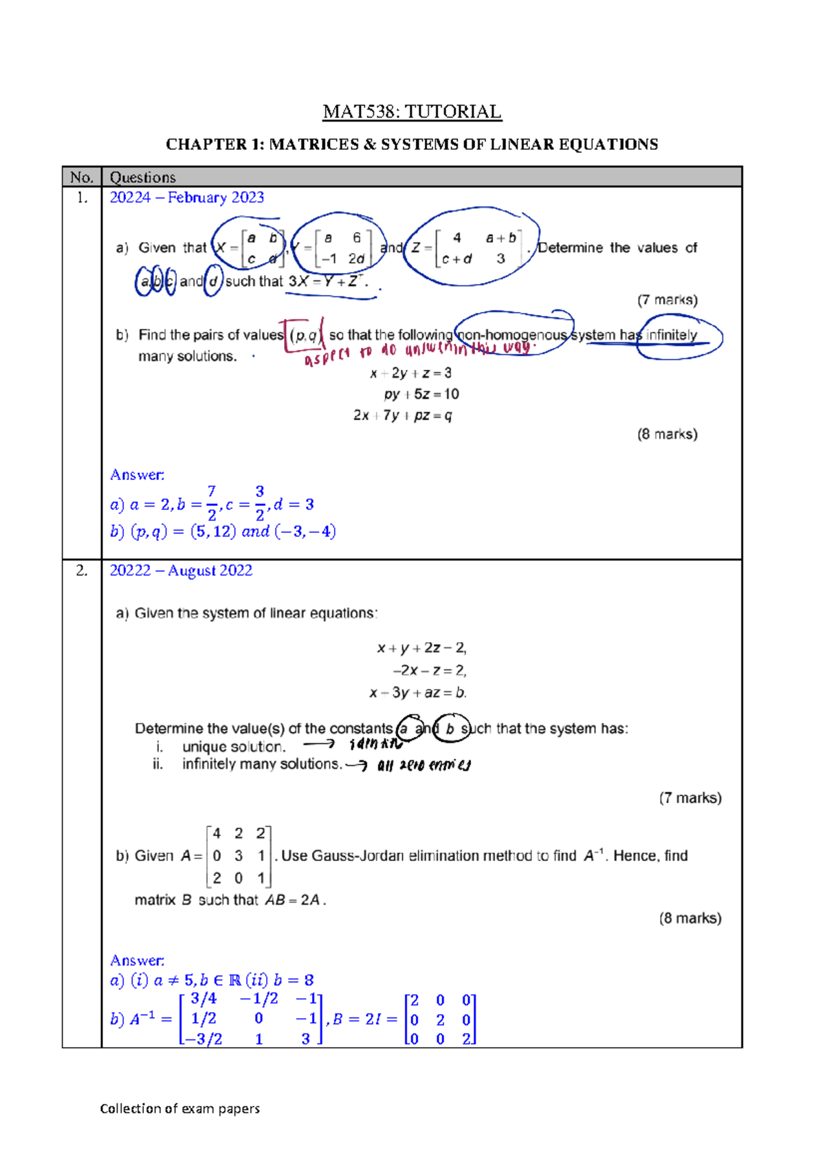 Tuto chap1 math - Tutorial math chap 1 - Collection of exam papers MAT538: TUTORIAL CHAPTER 1 ...