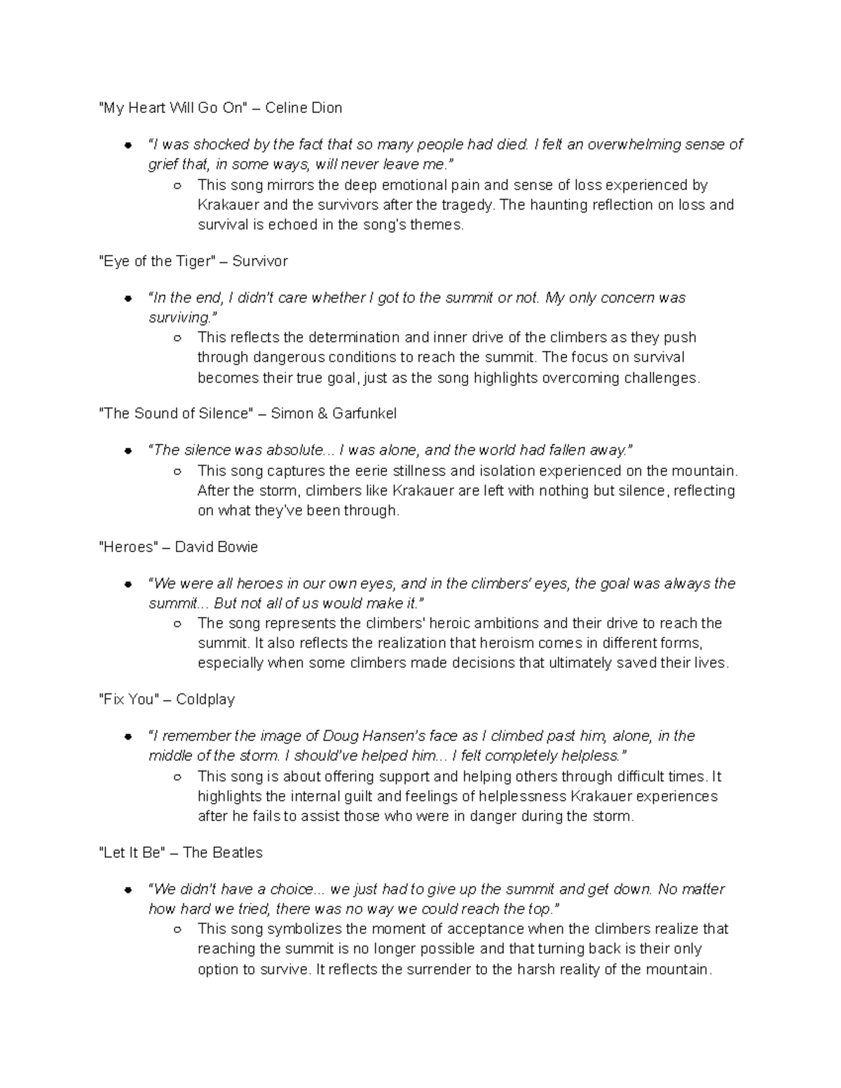 Analyzing themes of loss and survival in music and climbing experiences ...