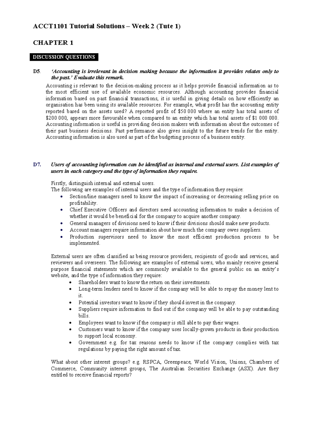 ACCT1101 Wk2 Tutorial 1 Solutions - ACCT1101 Tutorial Solutions – Week 2 (Tute 1) CHAPTER 1 ...