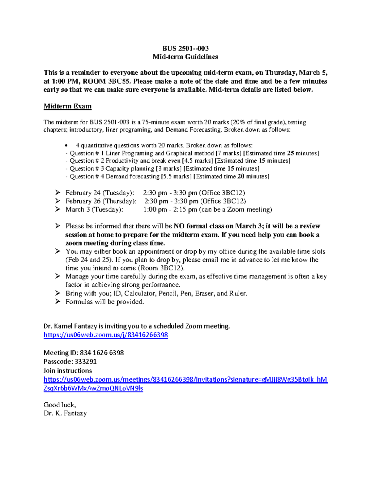 BUS 2501-003 Midterm Exam Guidelines and Important Details - Studocu