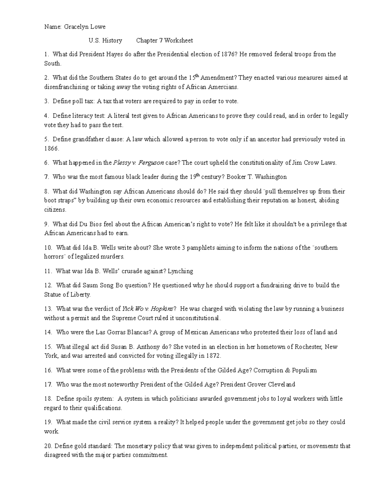 U.S. History 13933160 - Chapter 7 Worksheet on Post-Reconstruction Era ...